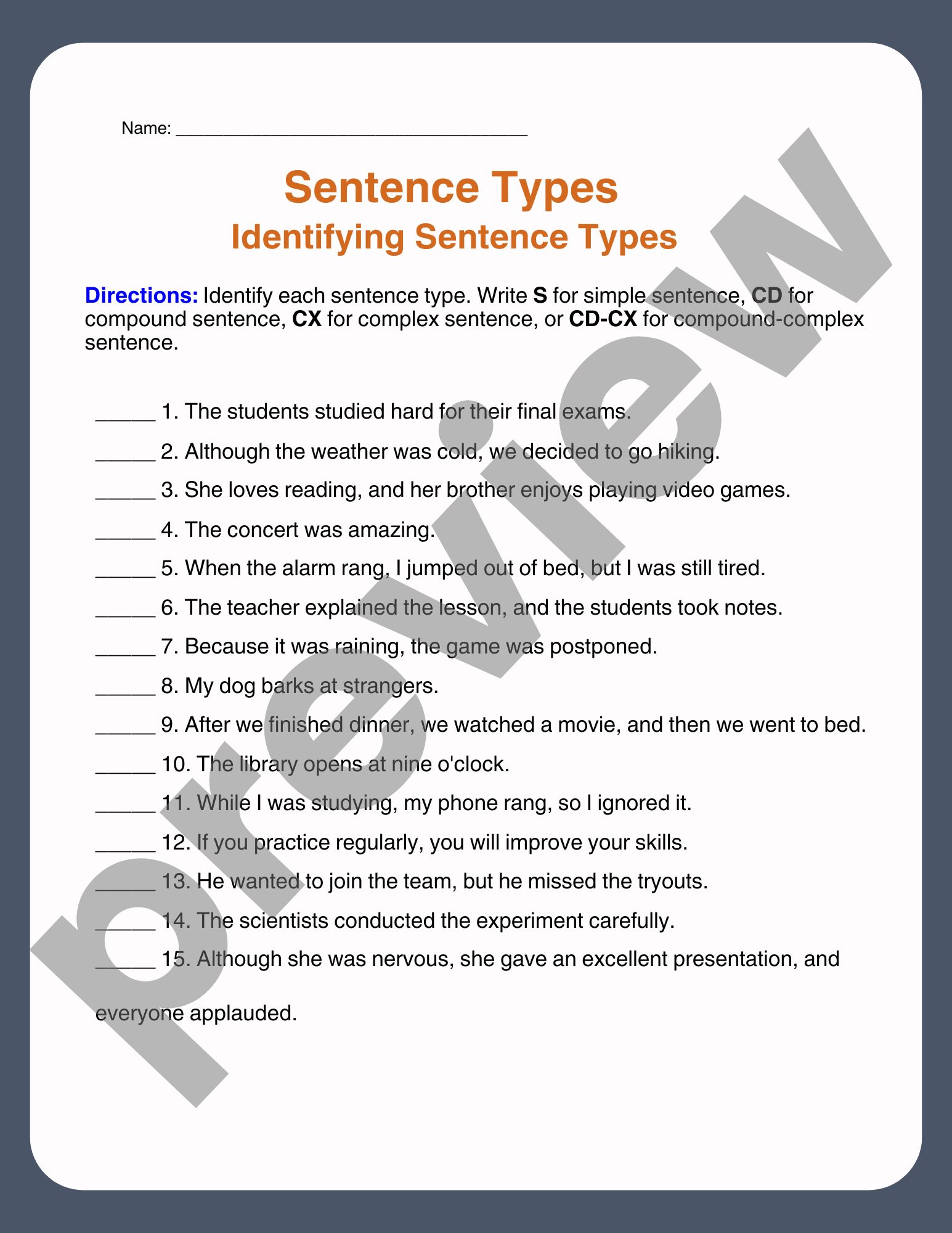 Sentence Types Worksheets:Simple, Compound, Complex & Compound-Complex ...