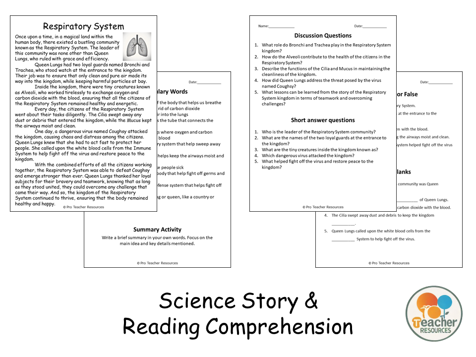 Respiratory System Reading Science Story Comprehension Questions ...