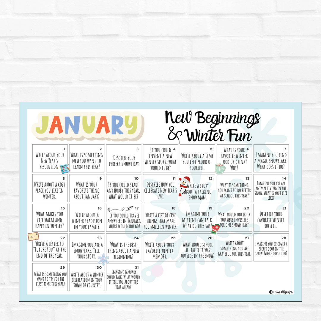 January Writing Prompt Calendar – Daily Journal Prompts (ESL/EAL ...