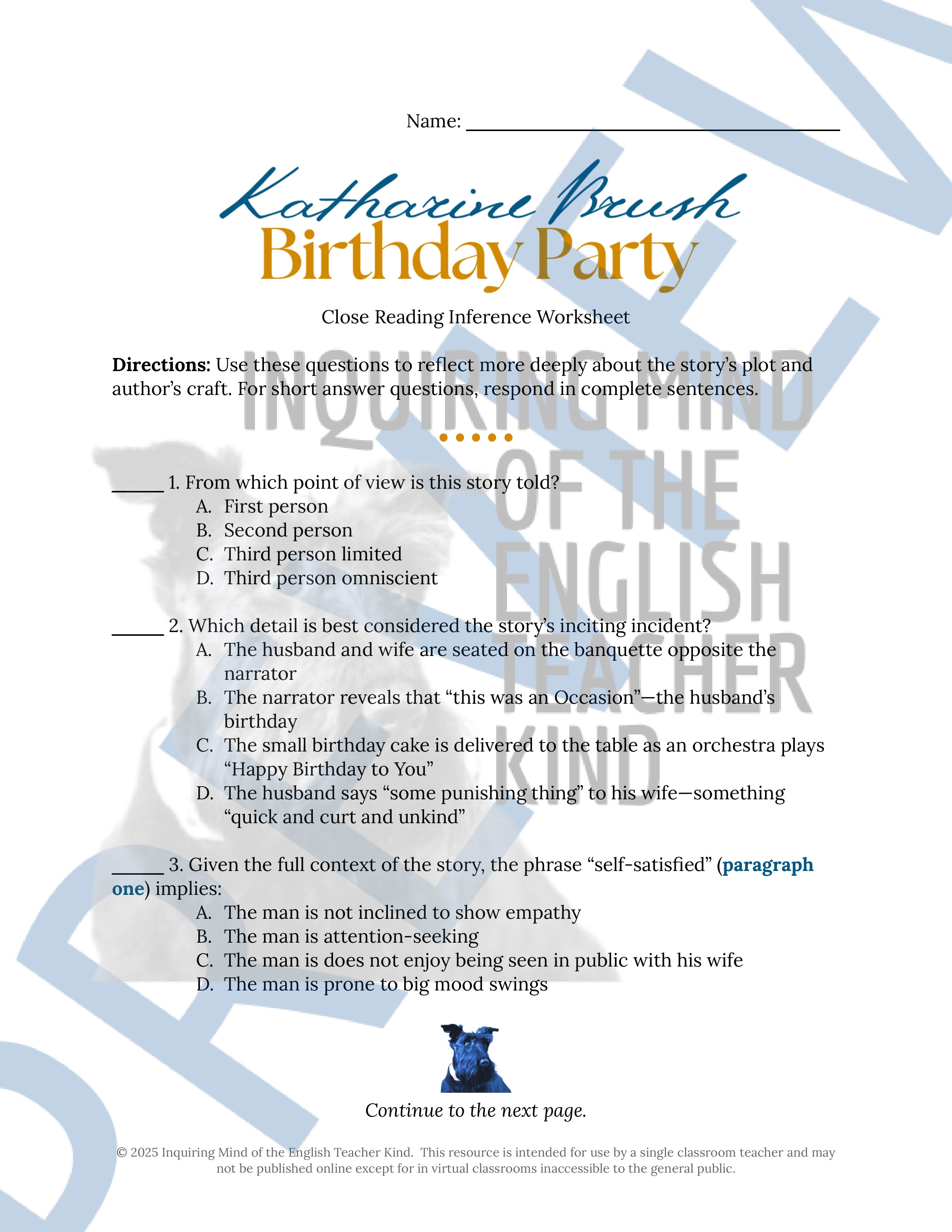 "Birthday Party" by Katharine Brush Close Reading Analysis Worksheet ...