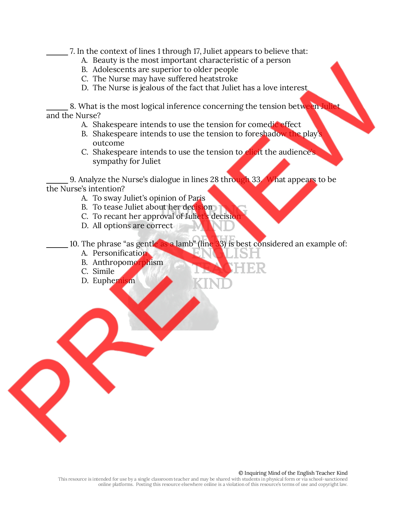 Romeo and Juliet Act 2 Scene 5 Close Reading Worksheet | Teaching Resources