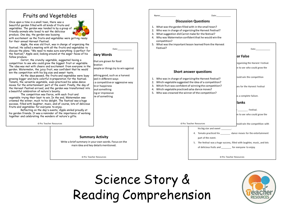 Fruits and Vegetables Reading Science Story Comprehension Questions ...