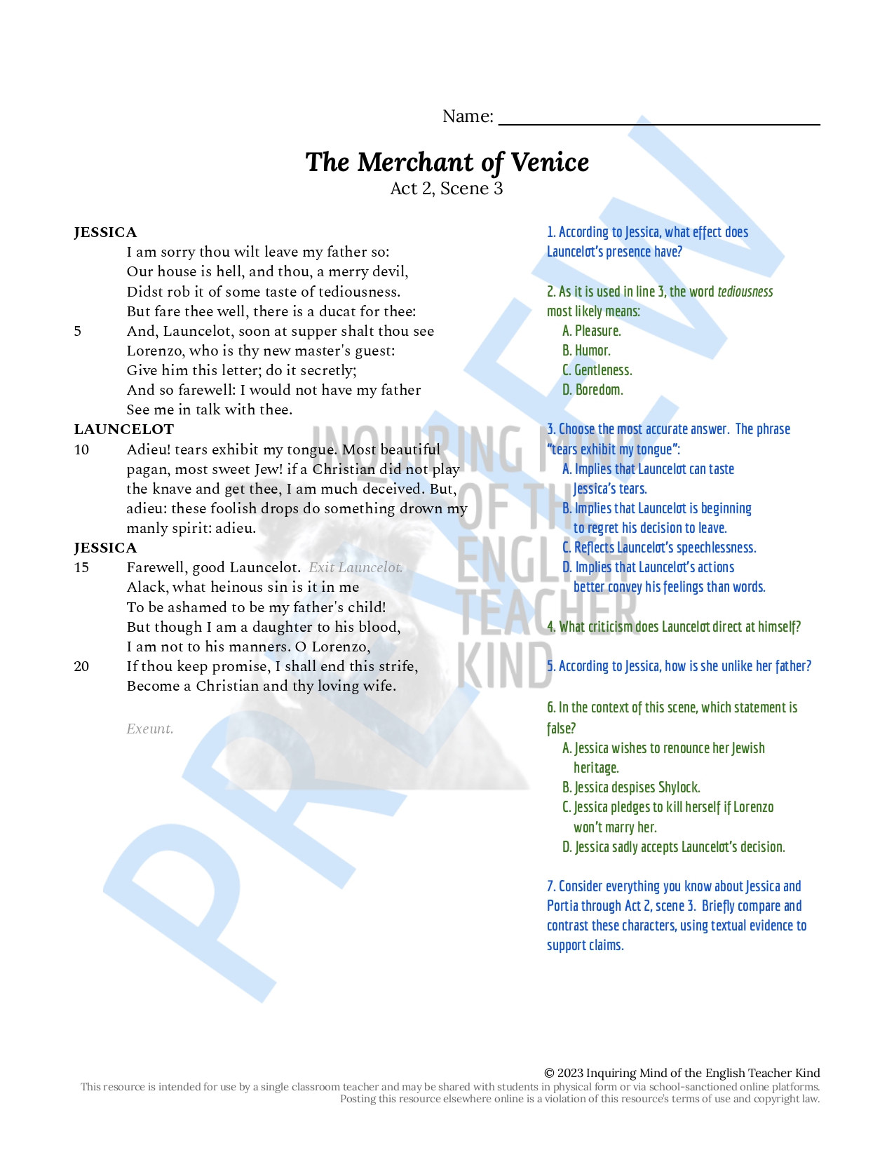 The Merchant of Venice Act 2 Scene 3 Close Reading Analysis Activity ...