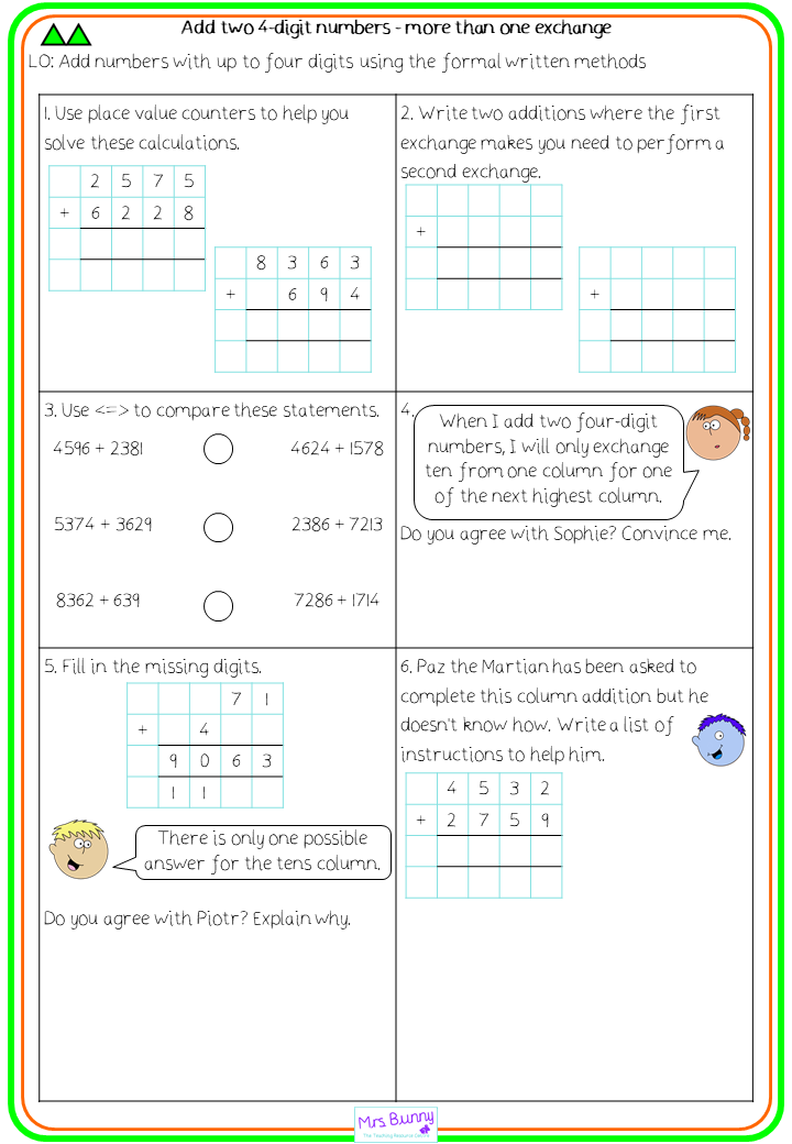 Add Two 4 digit Numbers More Than One Exchange Worksheets Year 4 