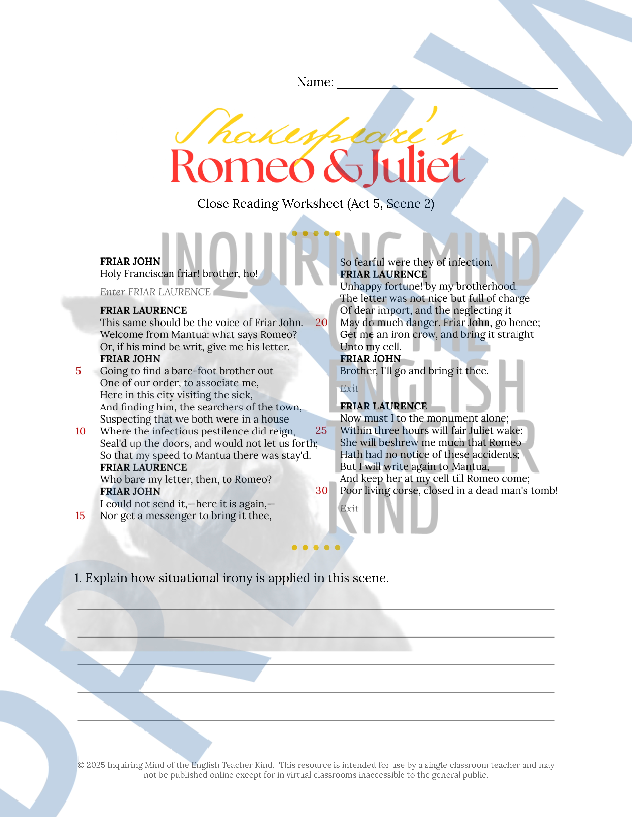 Romeo and Juliet Act 5 Scene 2 Close Reading Worksheet | Teaching Resources