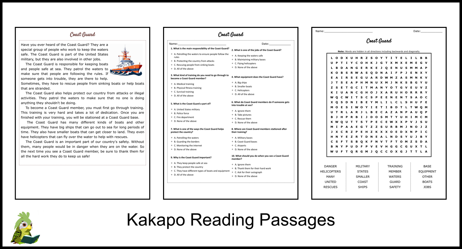 Coast Guard Reading Comprehension and Word Search | Teaching Resources