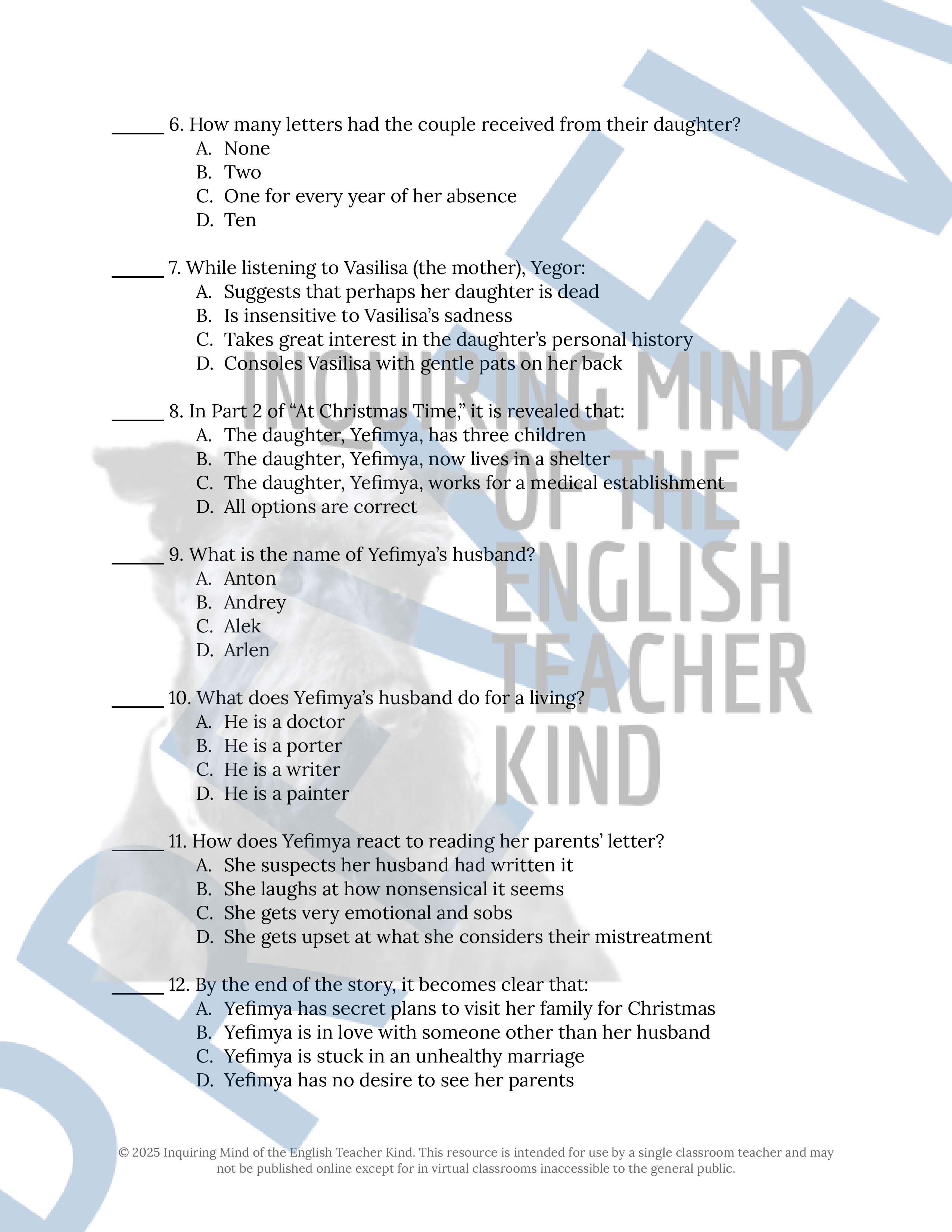 "At Christmas Time" by Anton Chekhov Quiz and Answer Key | World ...