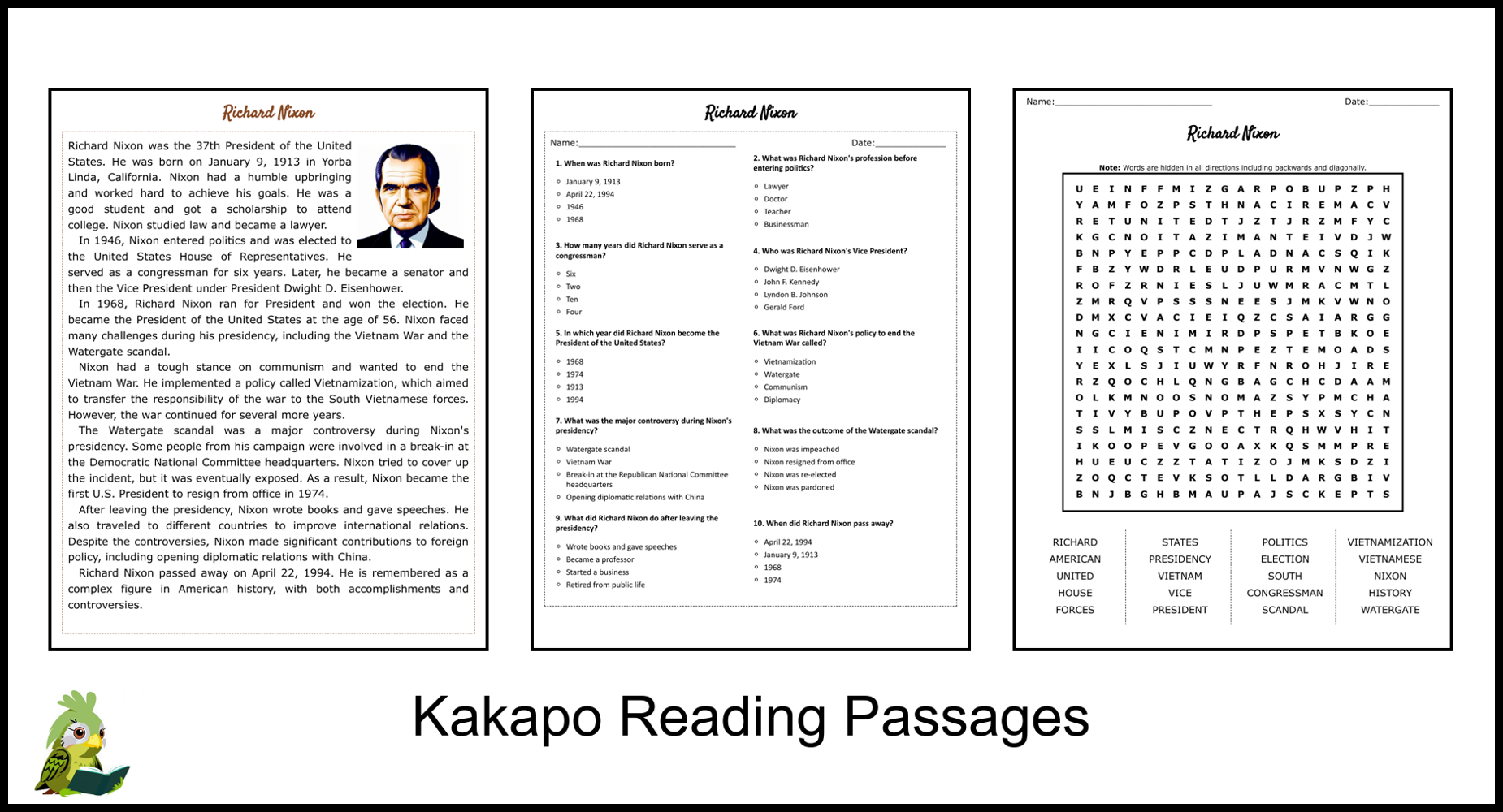 Richard Nixon Reading Comprehension and Word Search | Teaching Resources