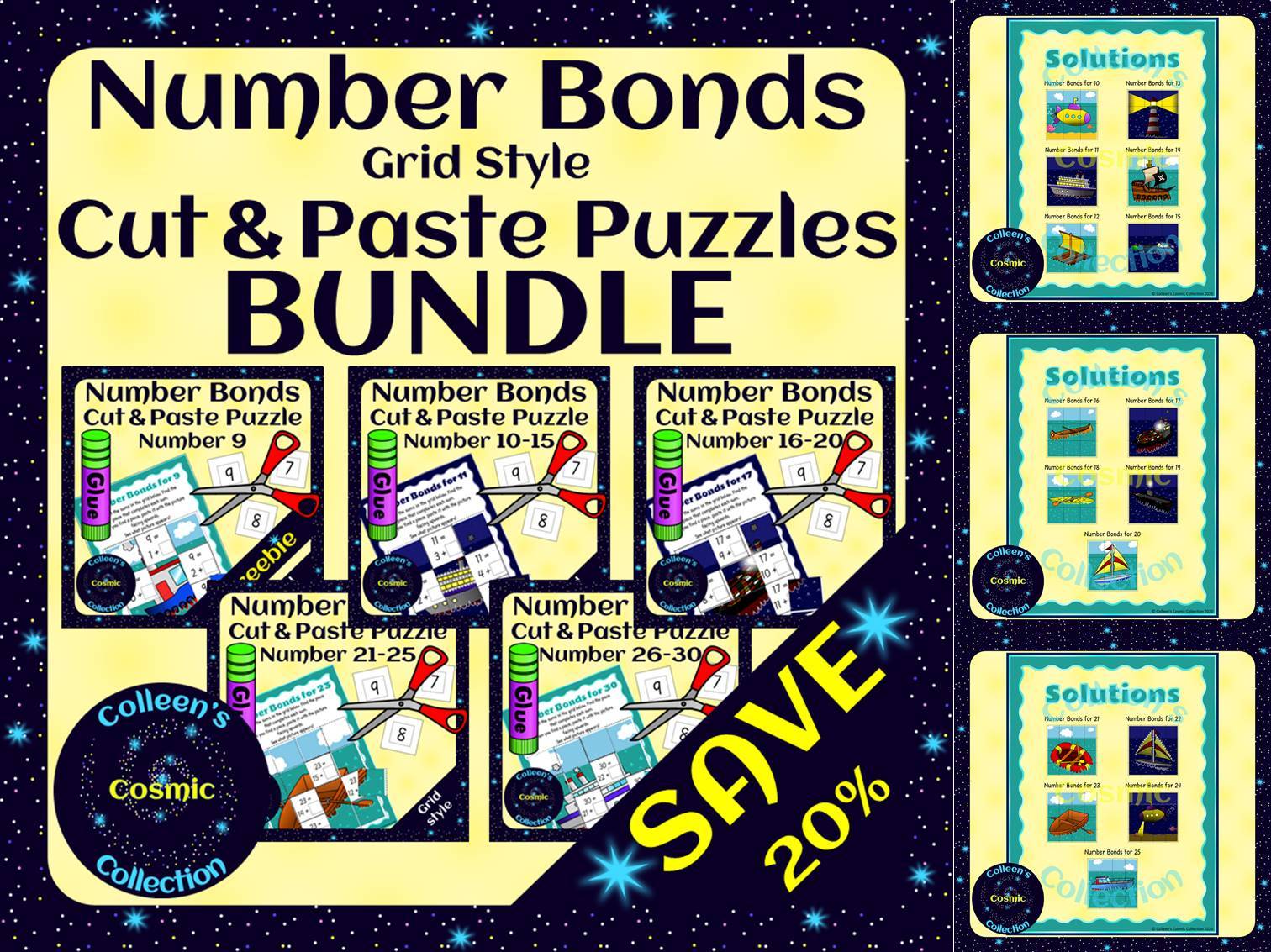 Number Bonds Self-Checking Cut and Paste Grid Puzzles BUNDLE – Save 20% ...