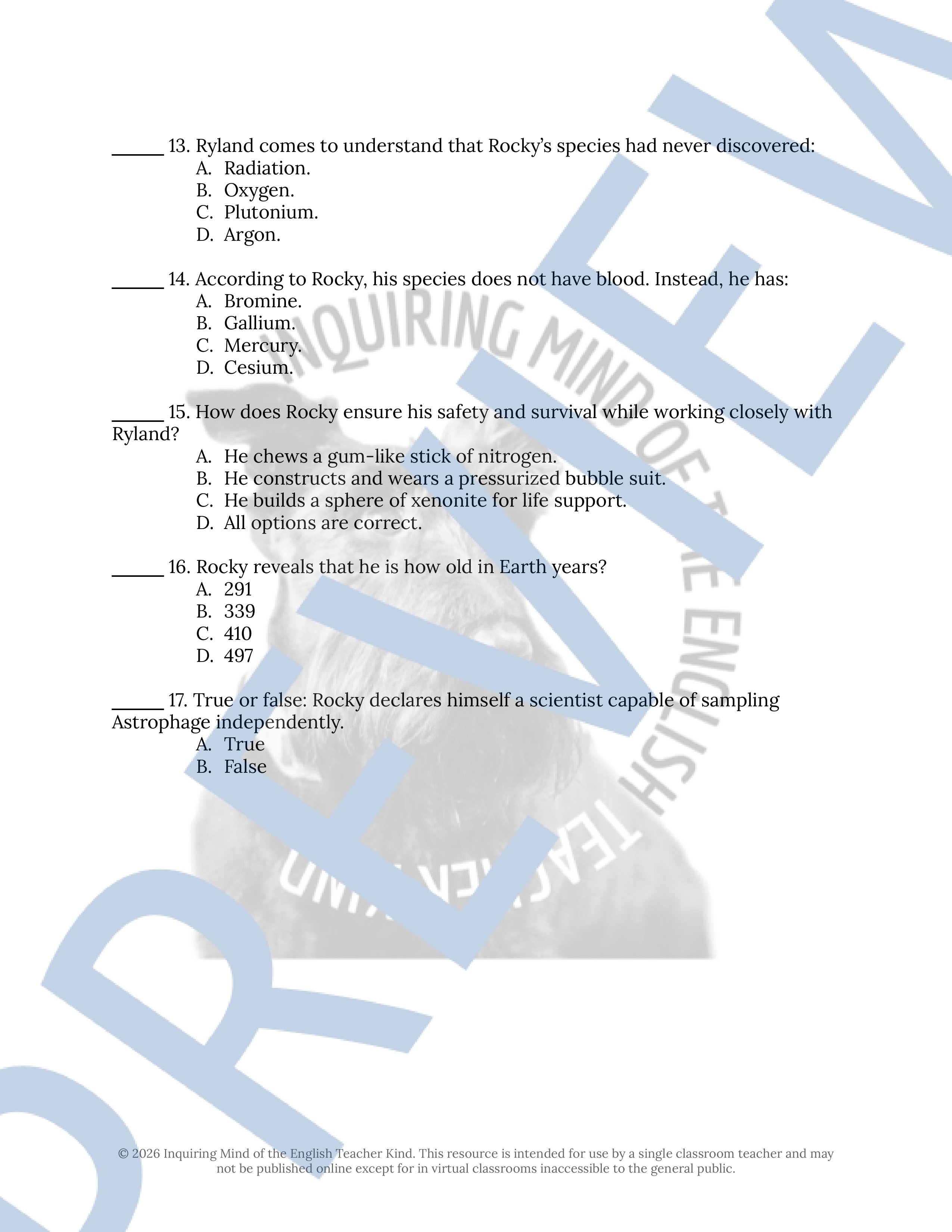 Project Hail Mary Chapters 13, 14, and 15 Quiz and Answer Key | Science ...