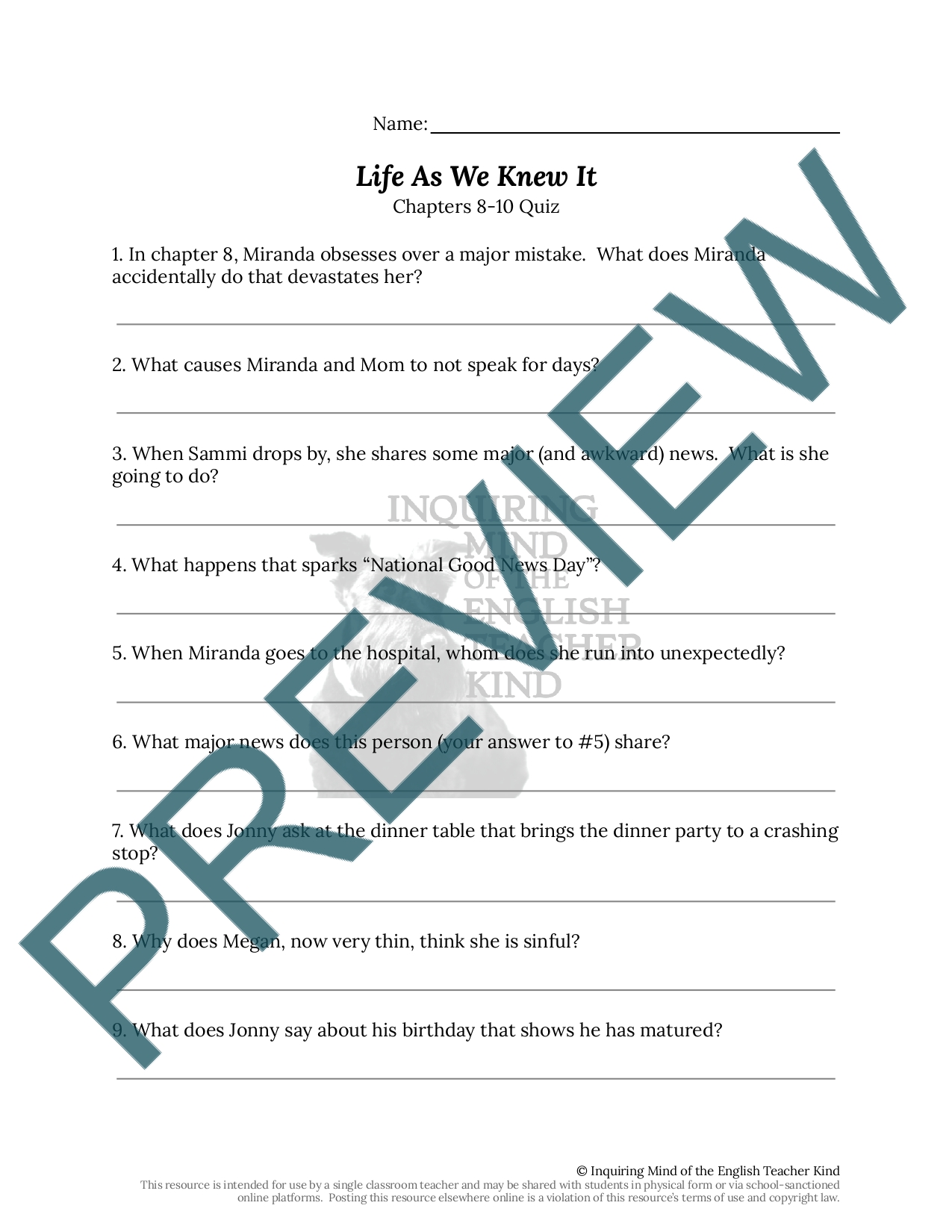 Life As We Knew It Chapters 8 through 10 Quiz and Answer Key | Teaching ...