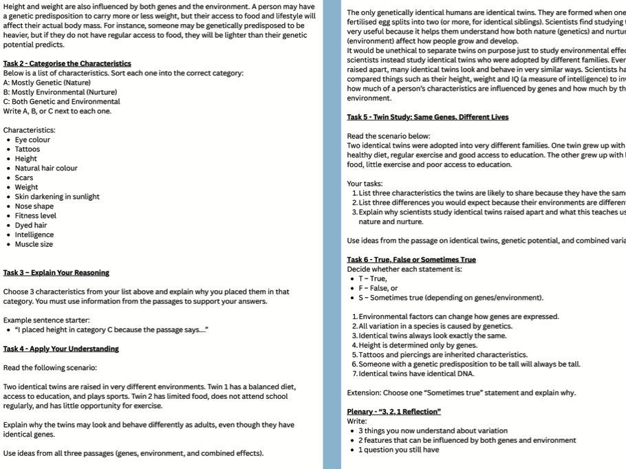 B13/L1 - Variation / GCSE / AQA/ Combined Science | Teaching Resources