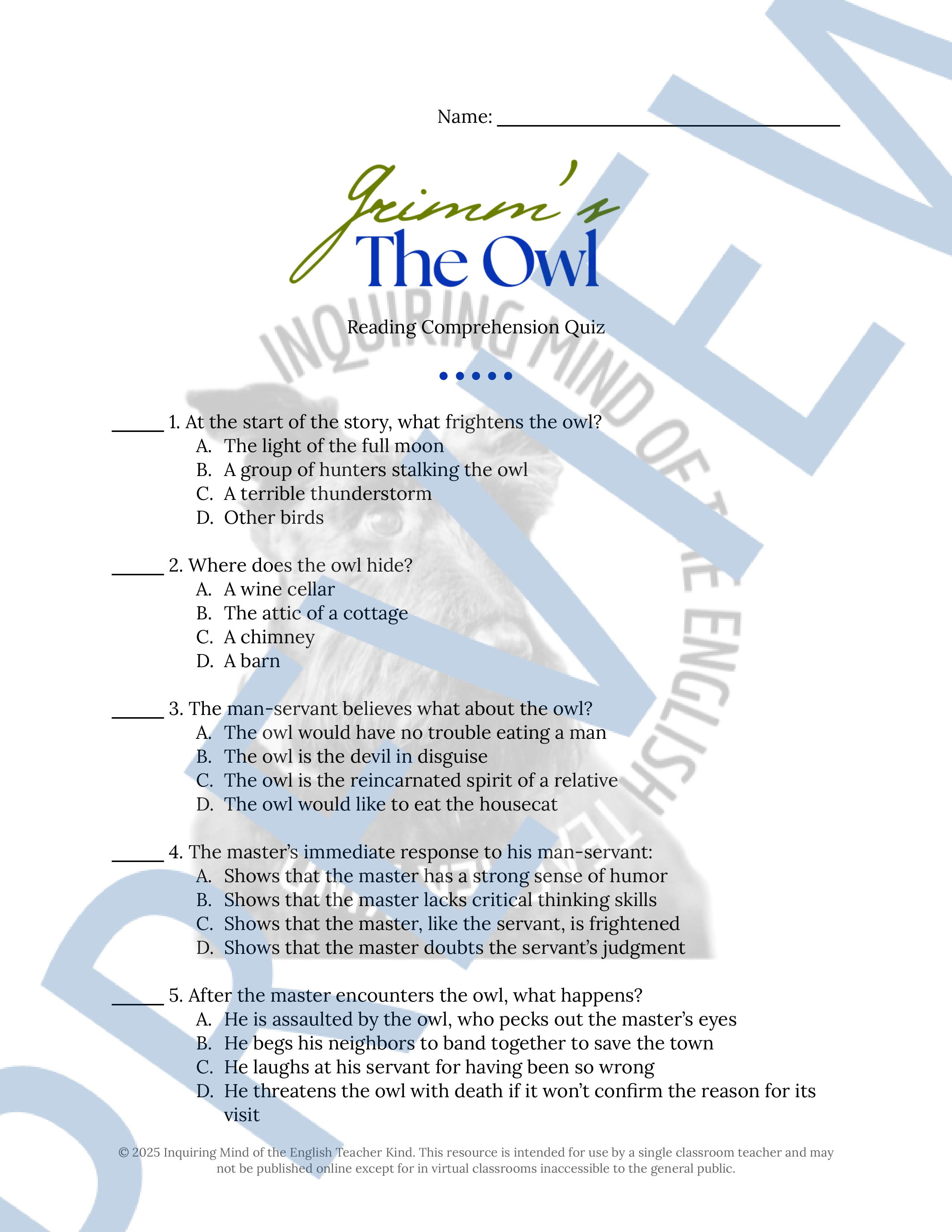 "The Owl" Quiz and Answer Key | Brothers Grimm Fairy Tale | Reading ...