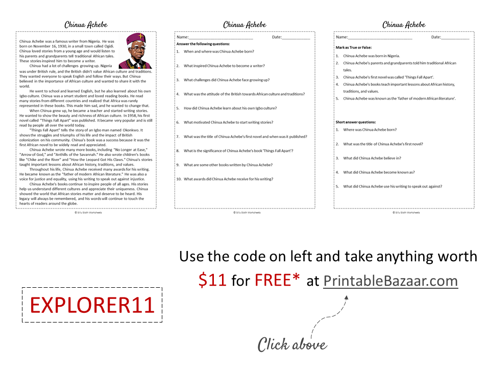 Chinua Achebe Biography Reading Comprehension Passage Printable ...