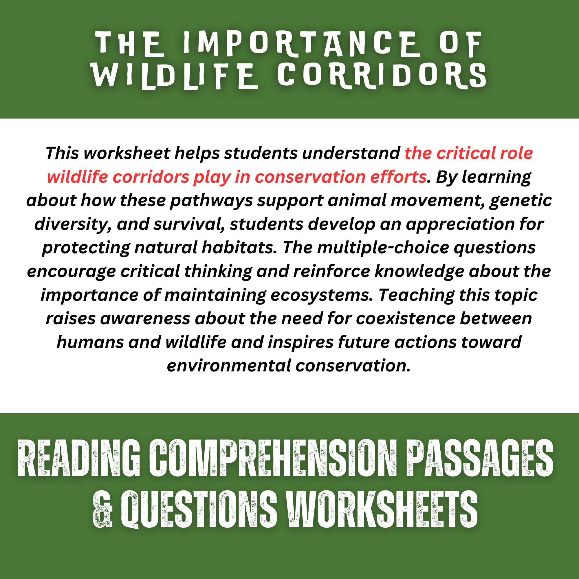 The Importance of Wildlife Corridors - Environment Reading Worksheet ...