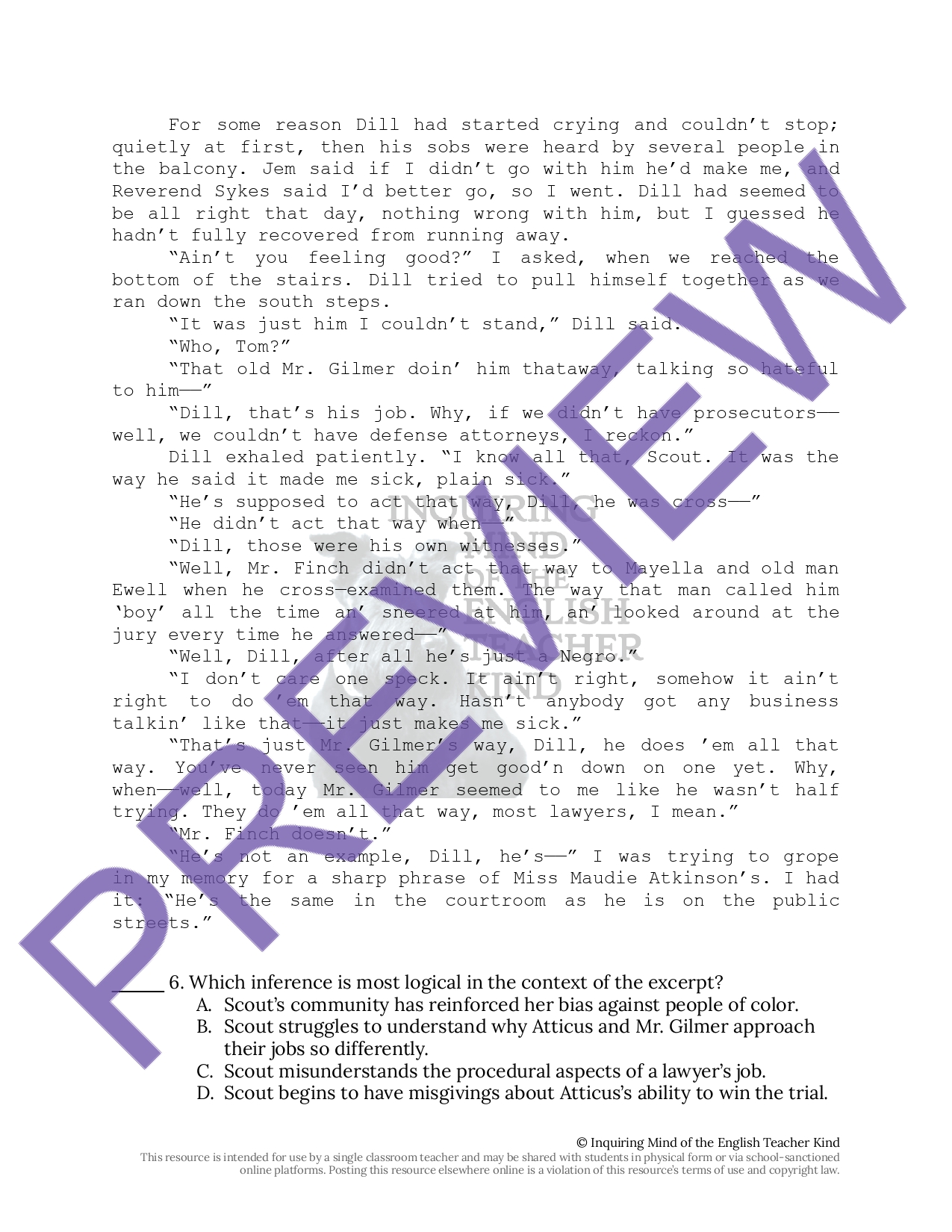 To Kill a Mockingbird Chapter 19 Close Reading Worksheet | Teaching ...