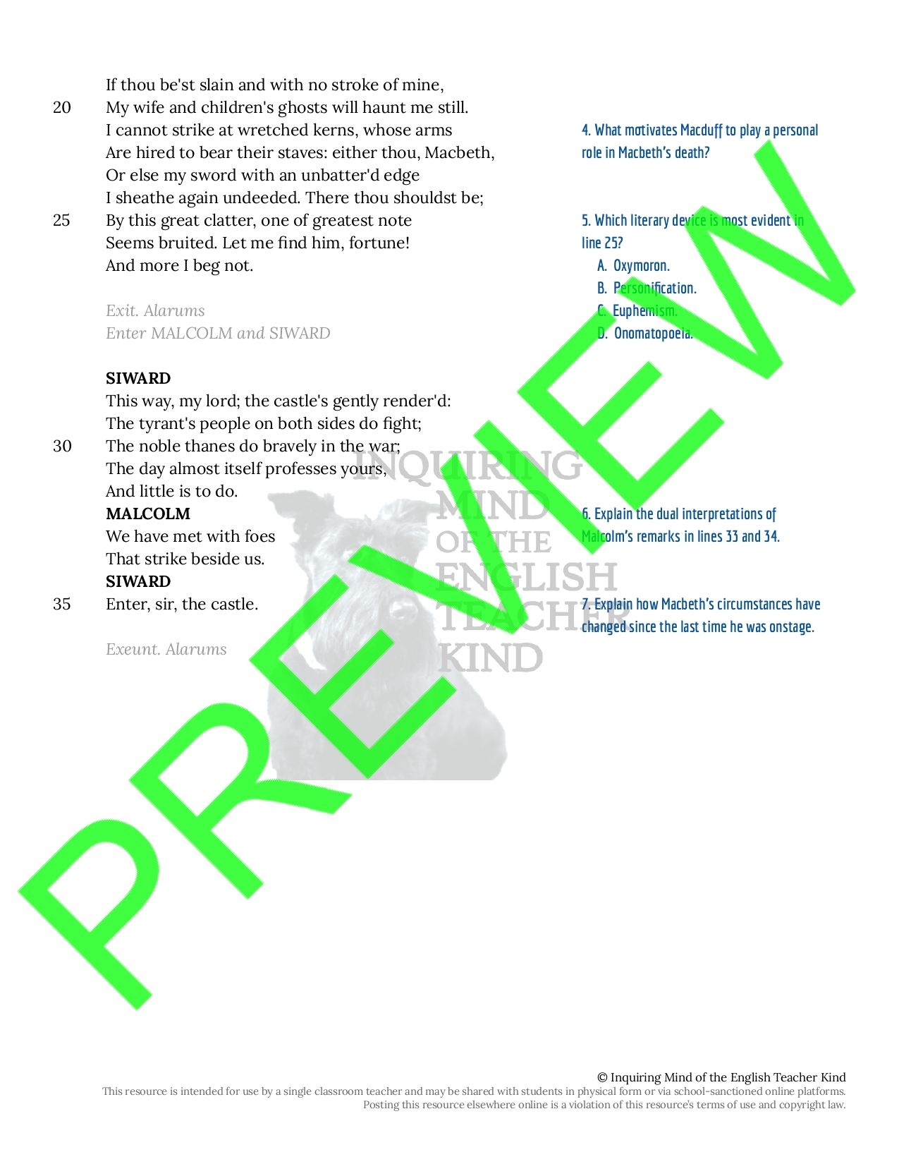 Macbeth Act 5 Scene 7 Close Reading Worksheet | Teaching Resources