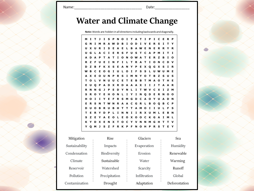 Water and Climate Change Word Search Puzzle Worksheet Activity ...