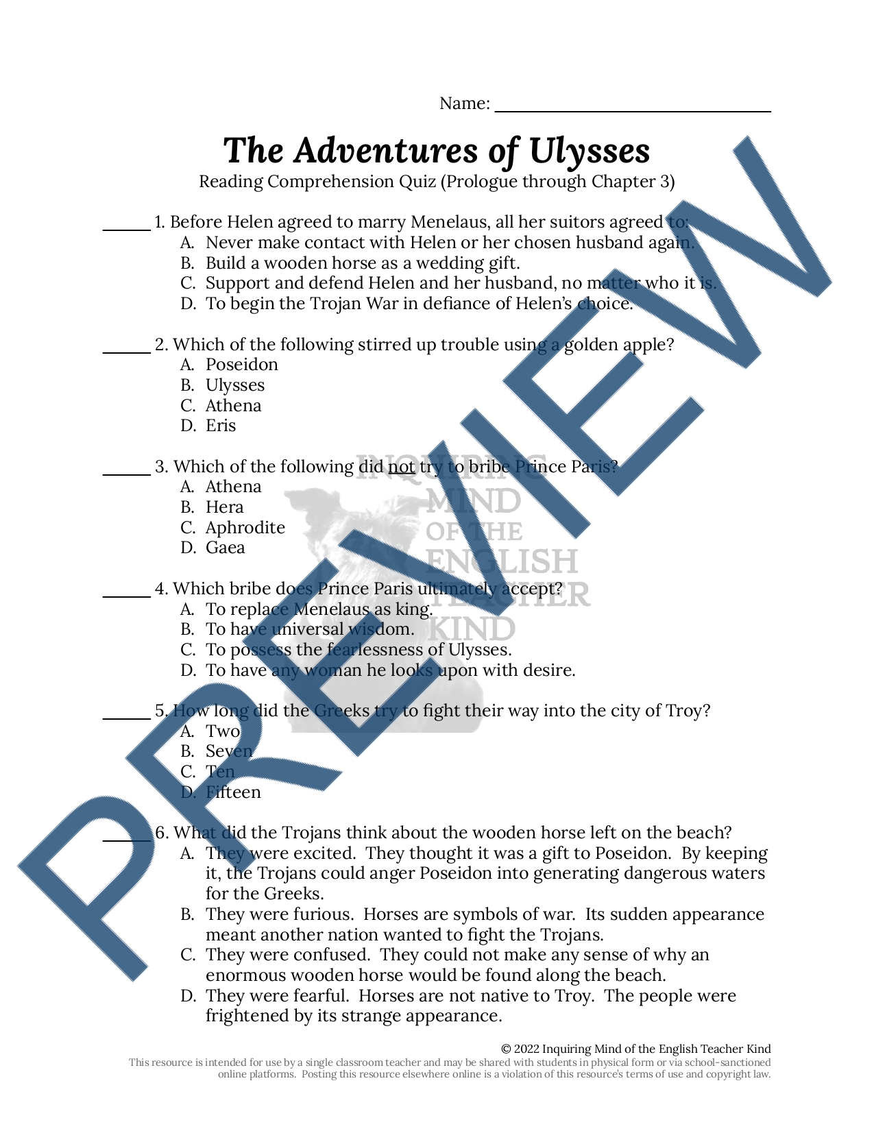 Adventures of Ulysses Prologue through Chapter 3 Quiz and Answer Key ...