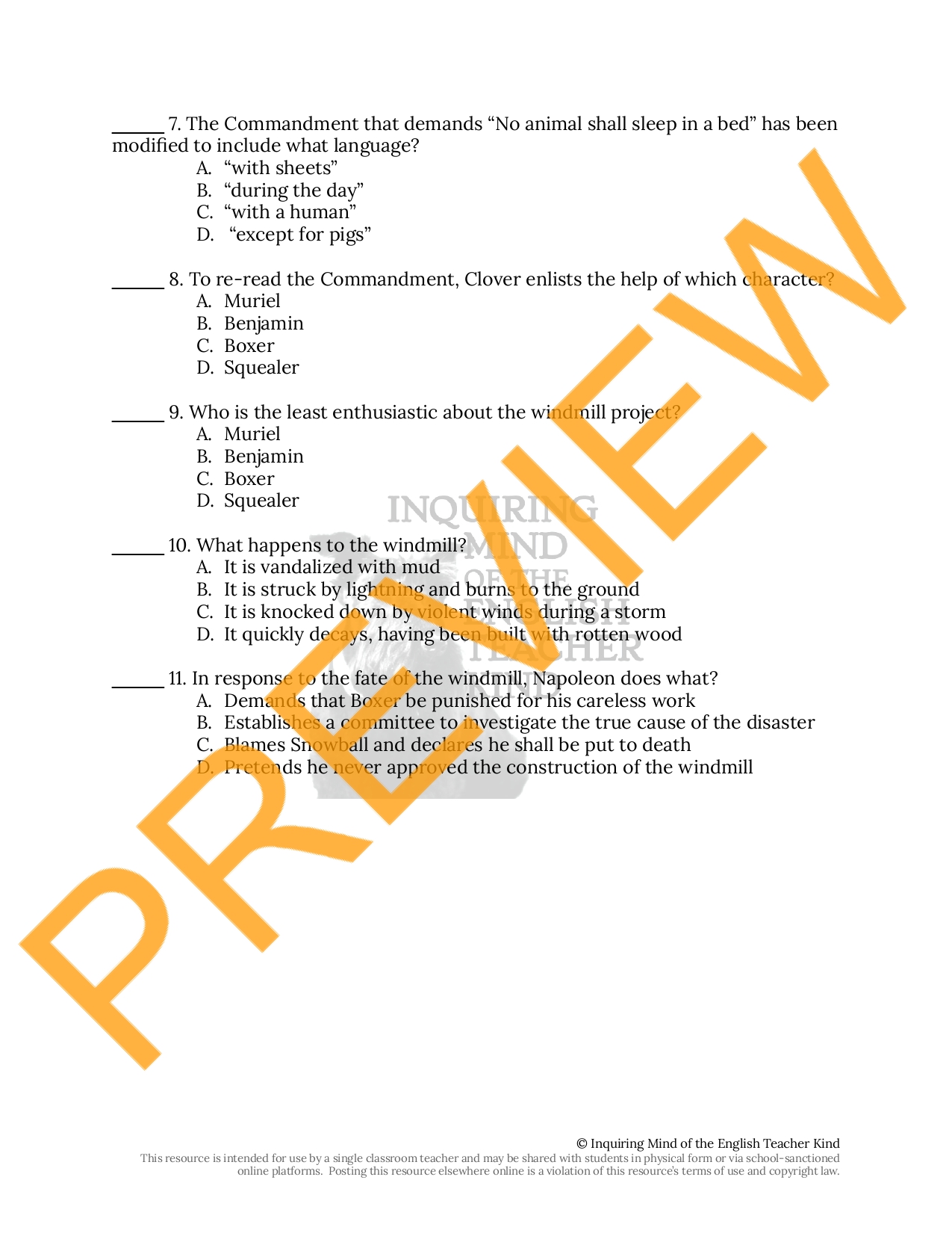 Animal Farm Chapter 6 Quiz and Answer Key | Teaching Resources