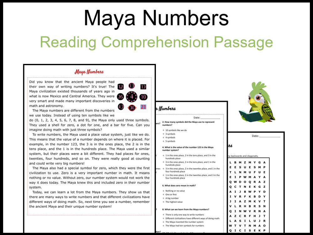 Maya Numbers Reading Comprehension and Word Search | Teaching Resources