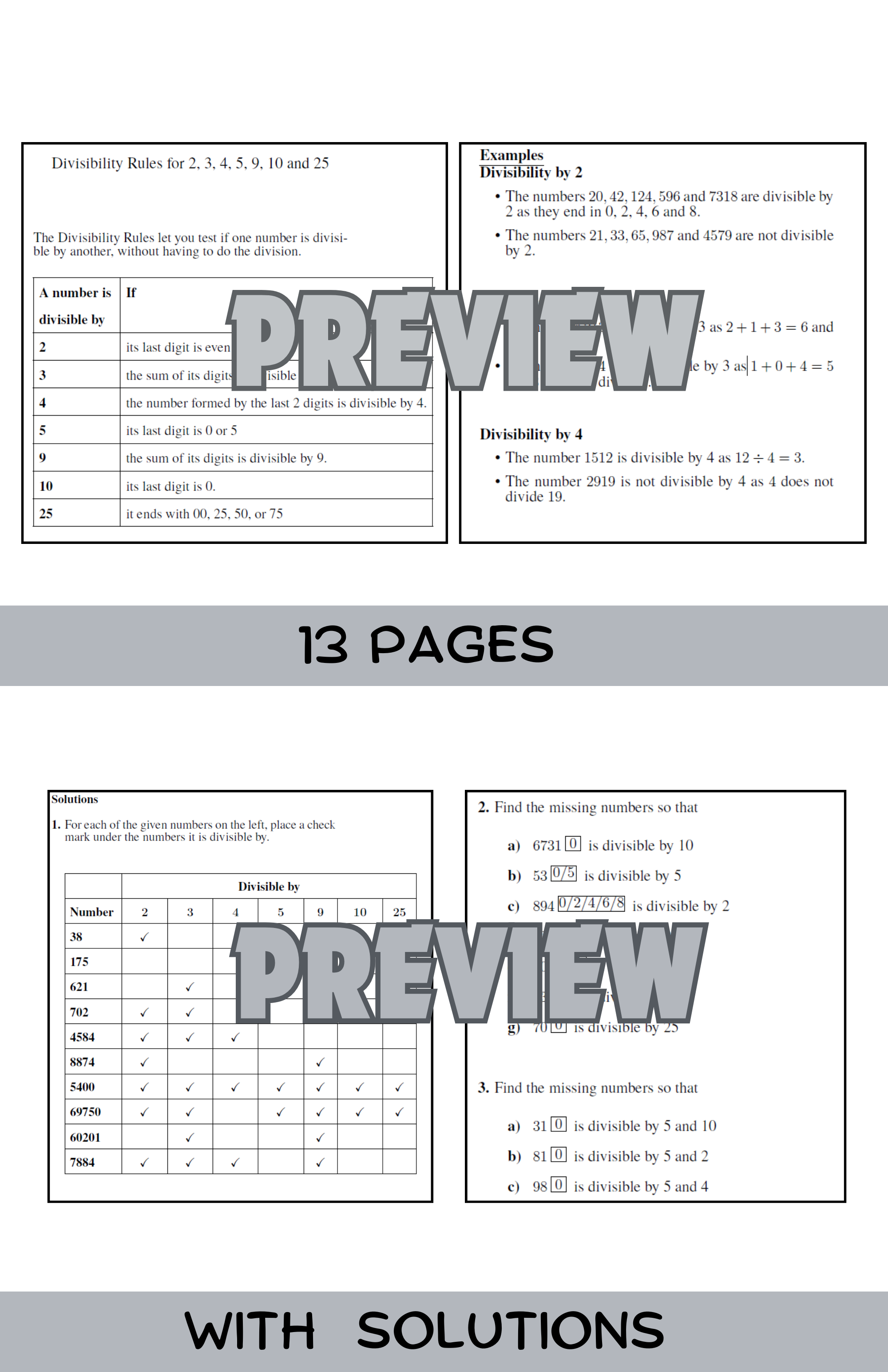 Divisibility Rules Worksheet no 2 (with solutions) | Teaching Resources