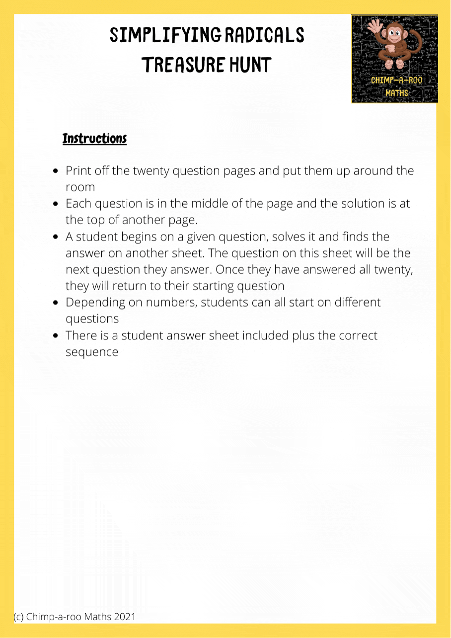 Simplifying Surds (Radicals) Treasure Hunt | Teaching Resources
