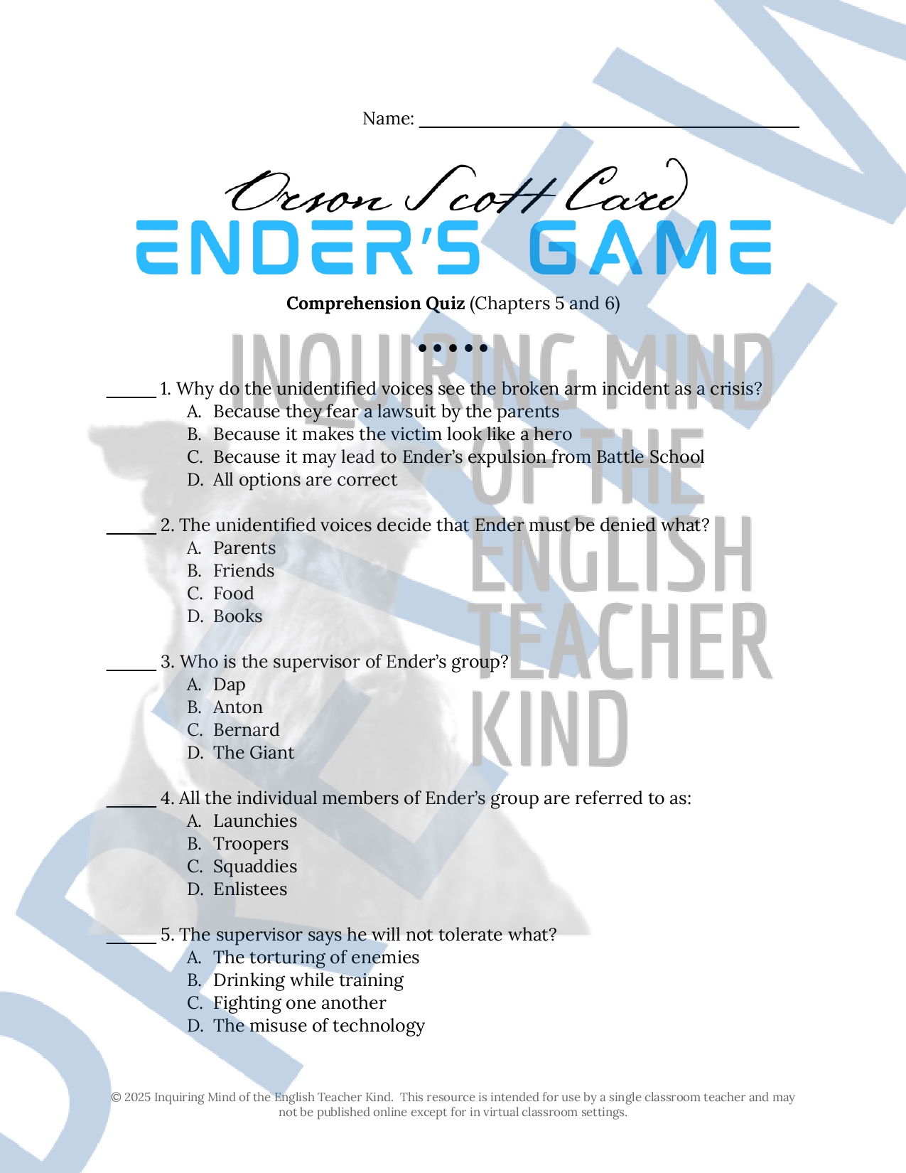 Ender's Game Chapters 5 and 6 Quiz and Answer Key | Teaching Resources
