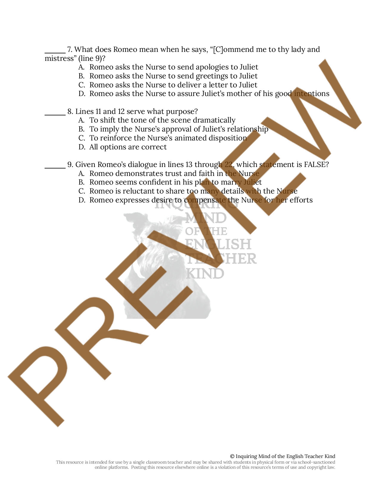 Romeo and Juliet Act 2 Scene 4 Close Reading Worksheet | Teaching Resources