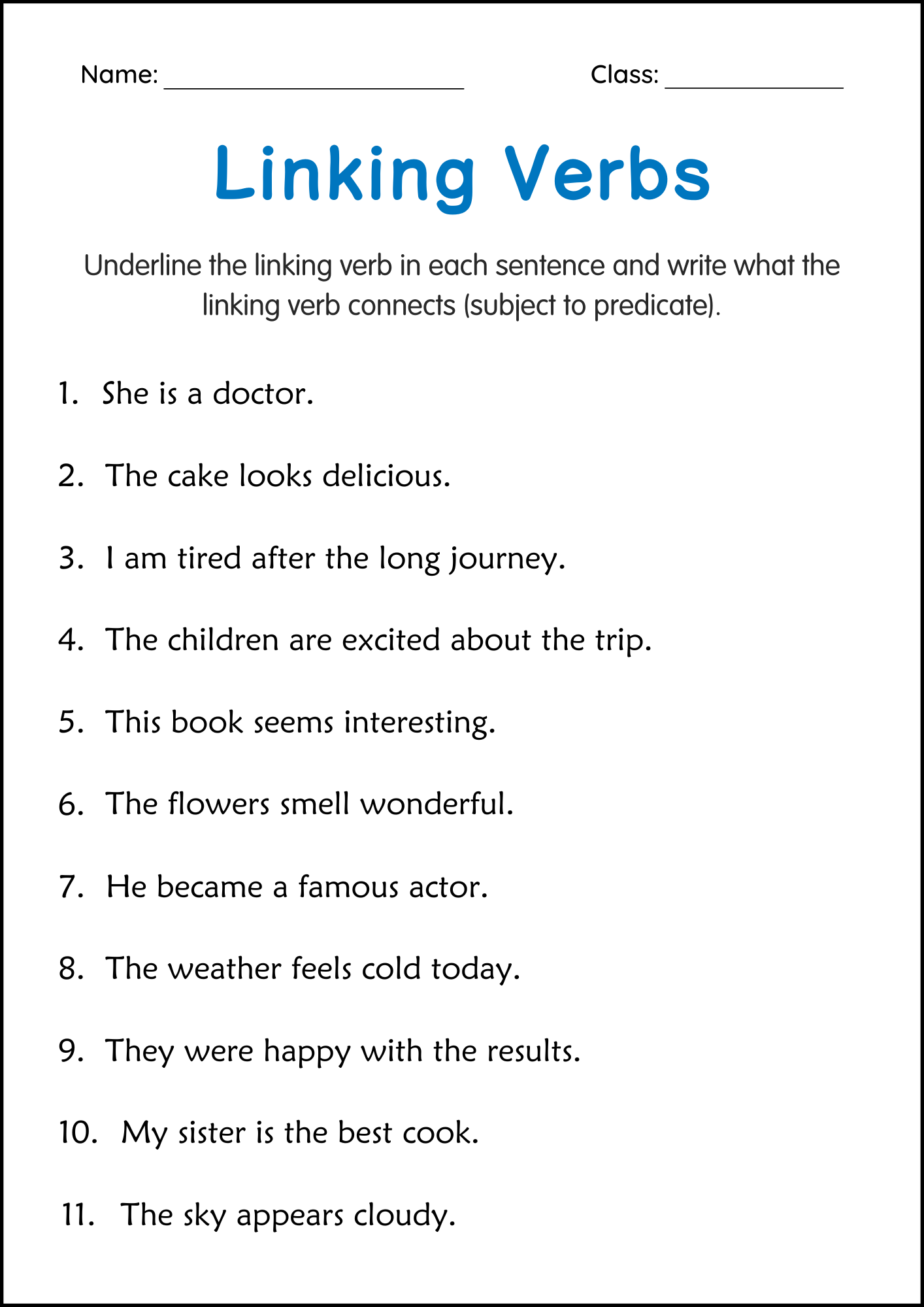 Linking Verbs Grammar Worksheets - Linking Verbs Activities for Grade 1 ...