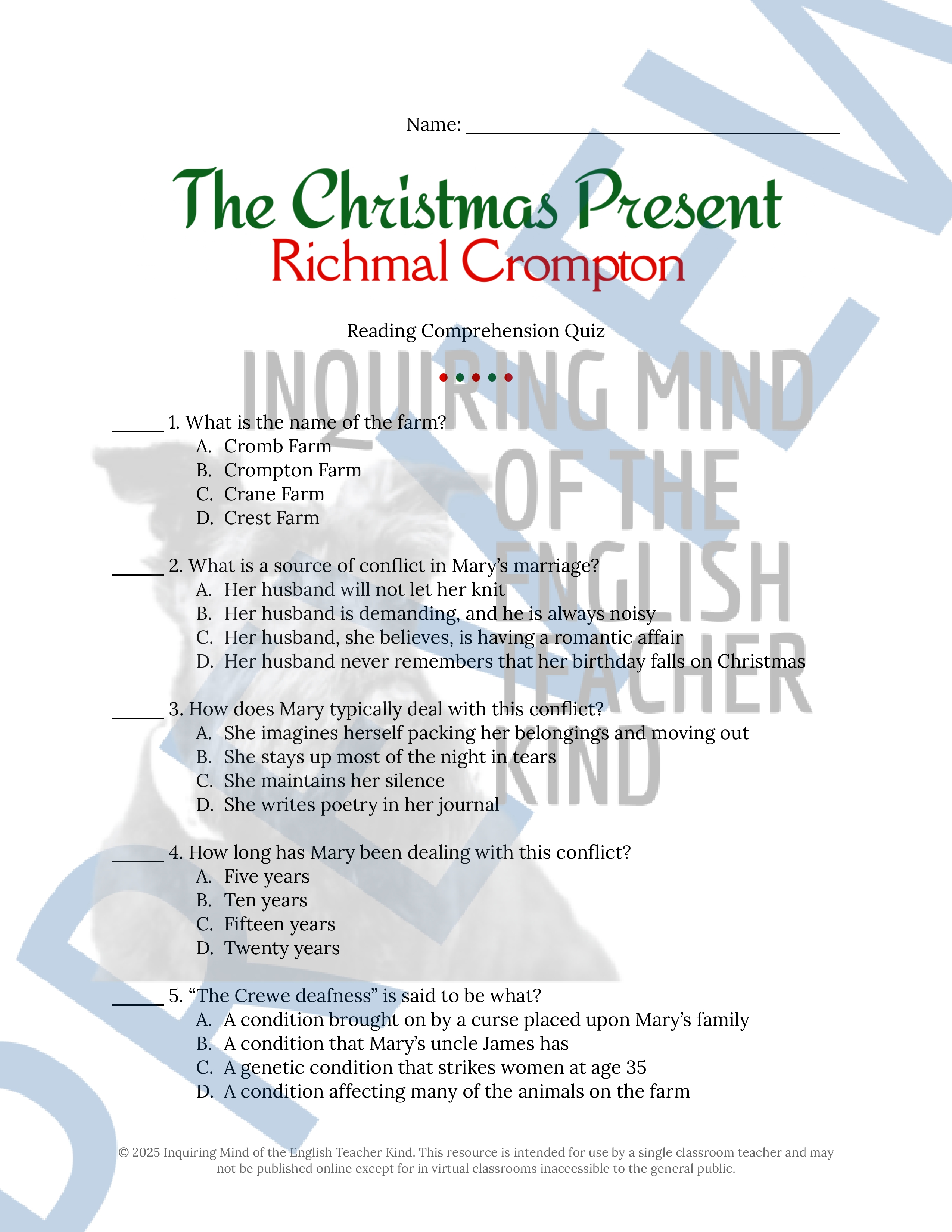 "The Christmas Present" by Richmal Crompton Quiz and Answer Key ...