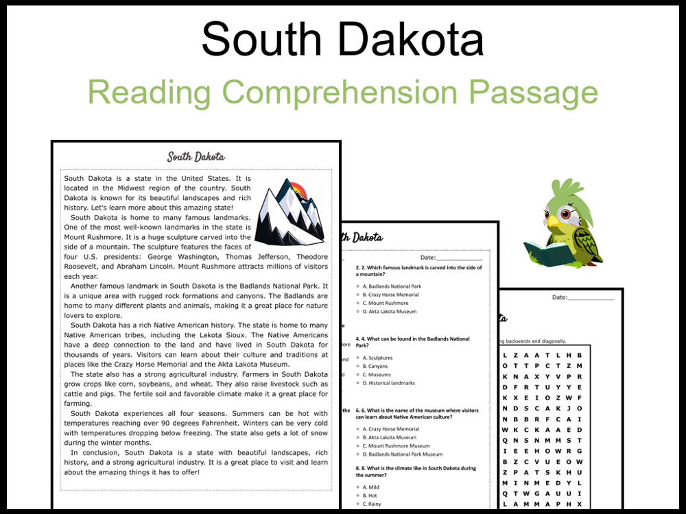 South Dakota Reading Comprehension and Word Search | Teaching Resources