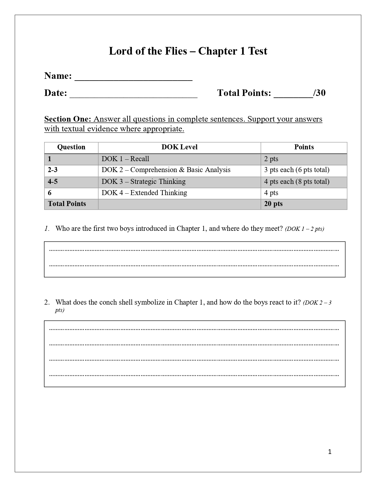 Lord of the Flies Chapter 1 Test – DOK 1–4 + ACT-Style Reading + Answer ...
