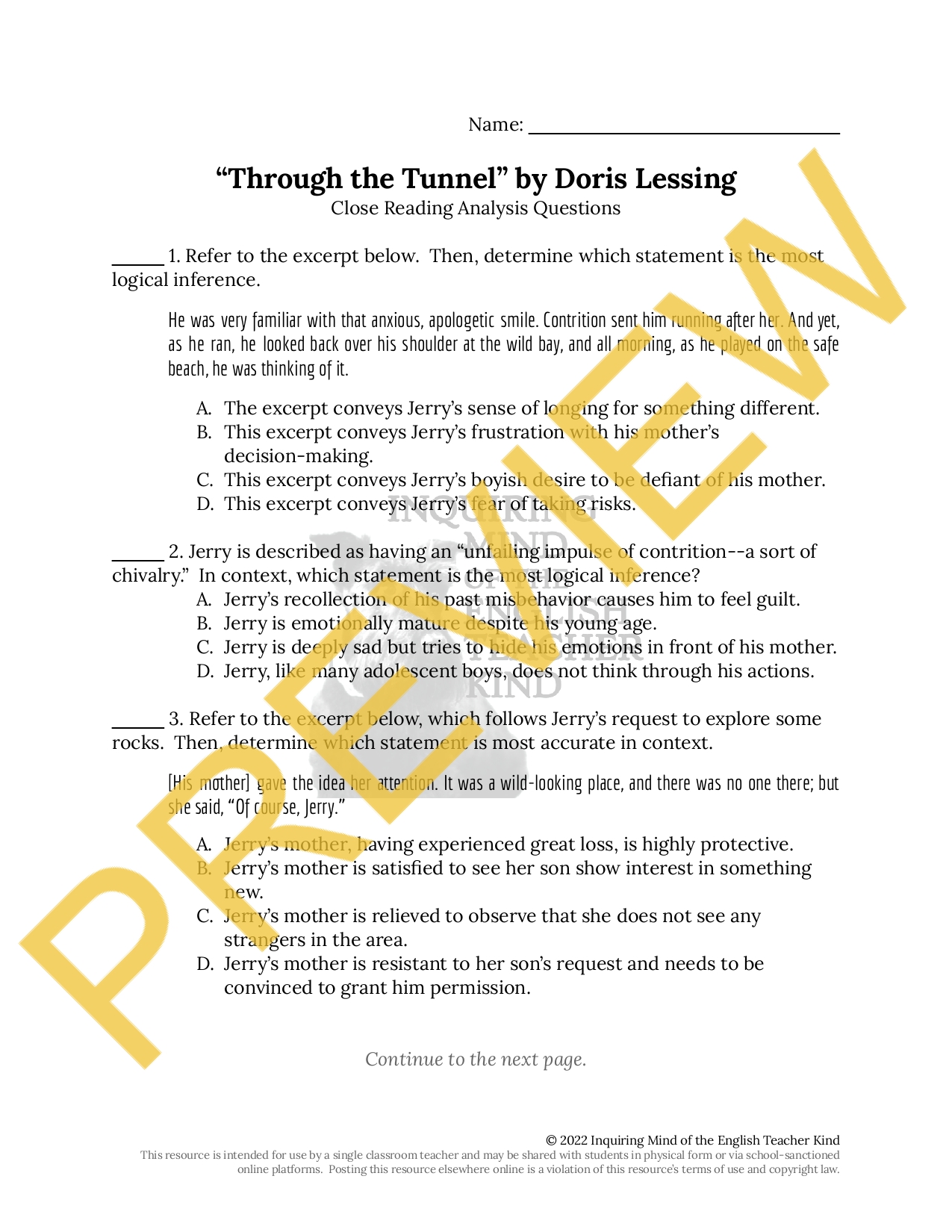"Through the Tunnel" by Doris Lessing Close Reading Questions ...