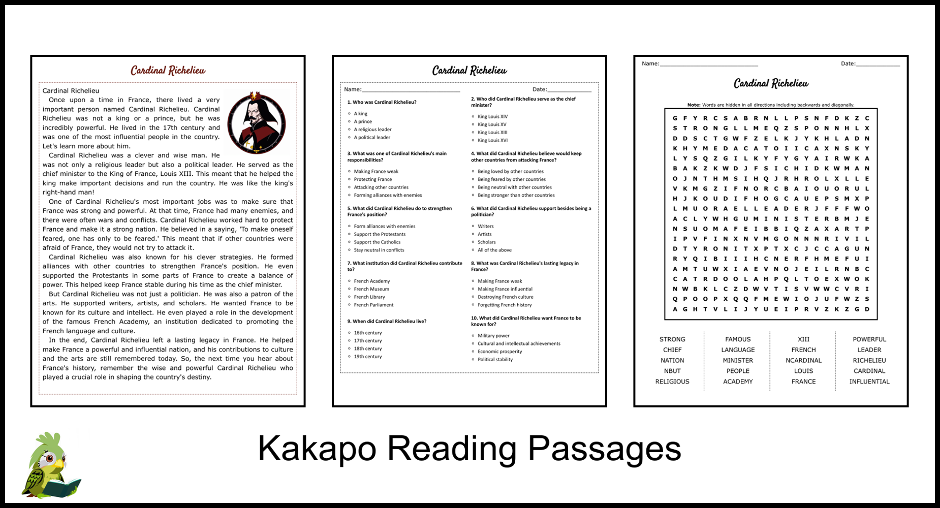 Cardinal Richelieu Reading Comprehension and Word Search | Teaching ...