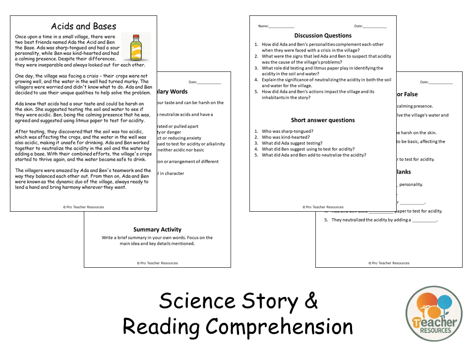 Acids and Bases Reading Science Story Comprehension Questions Worksheet ...