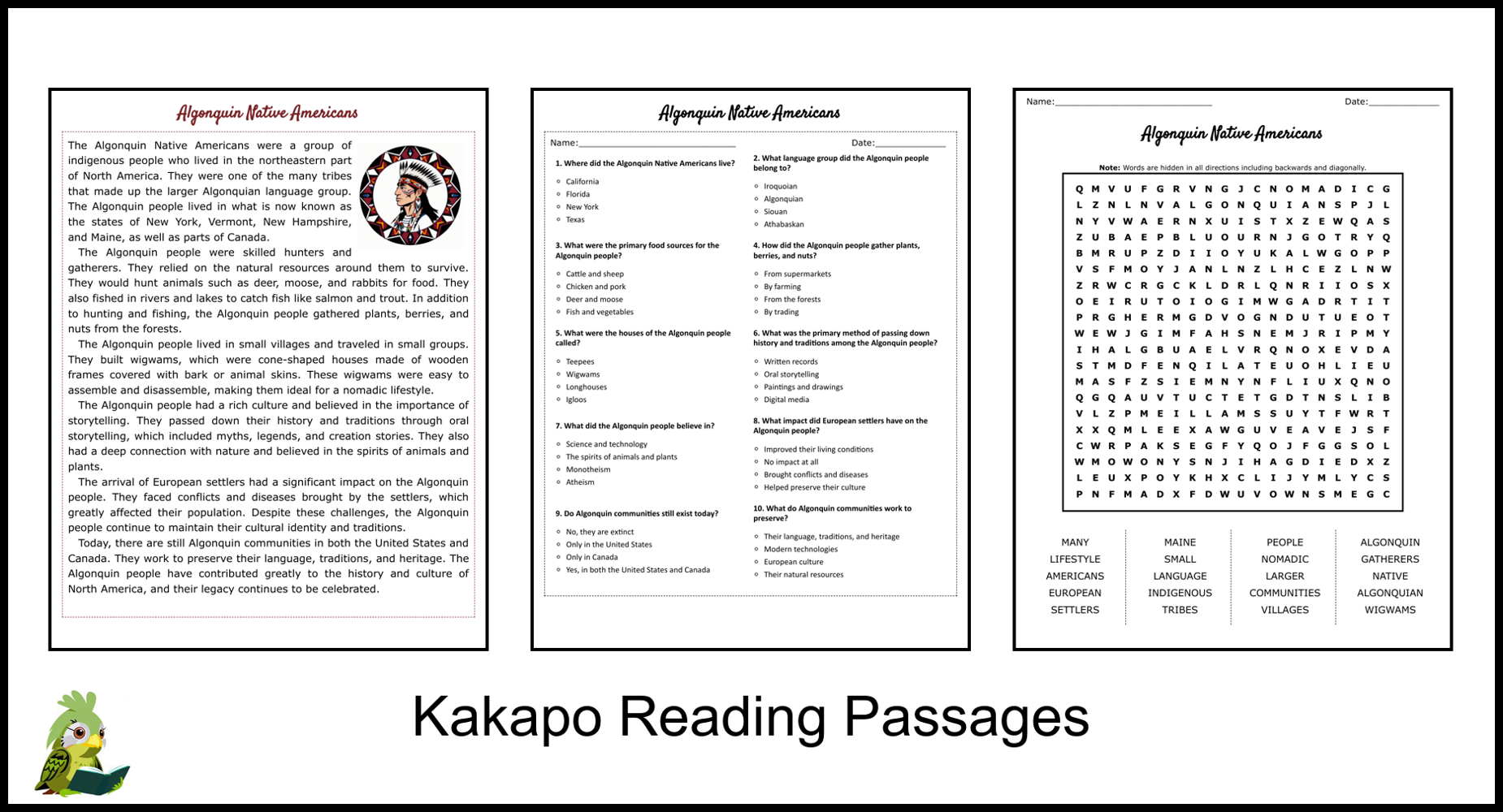 Algonquin Native Americans Reading Comprehension and Word Search ...