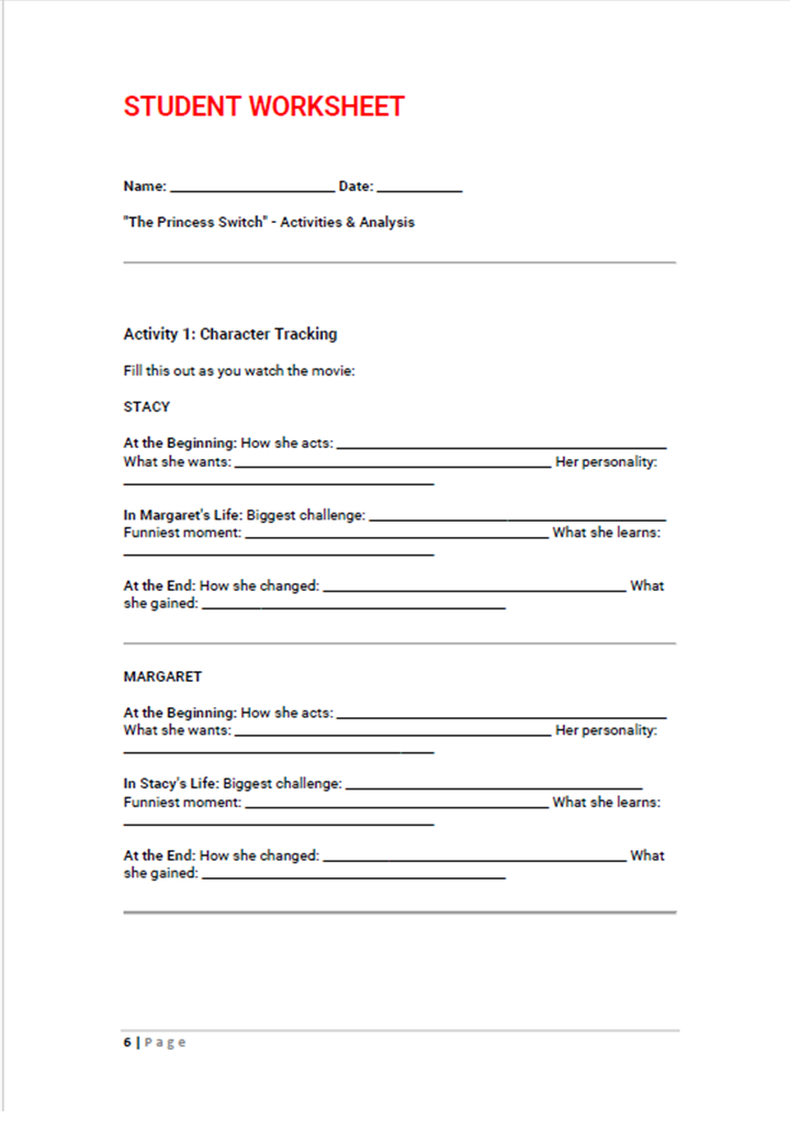The Princess Switch Movie Lesson Plan & Worksheets for Teens | Teaching ...
