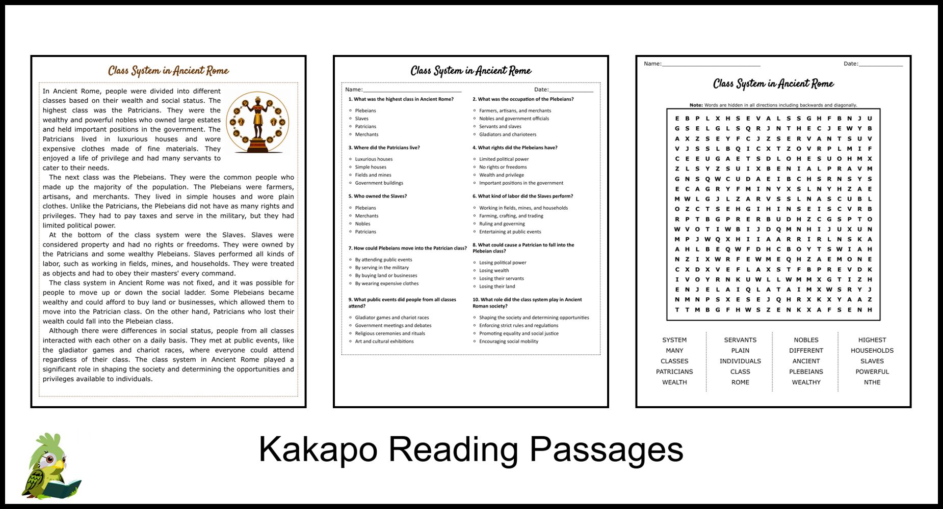 Class System in Ancient Rome Reading Comprehension and Word Search ...