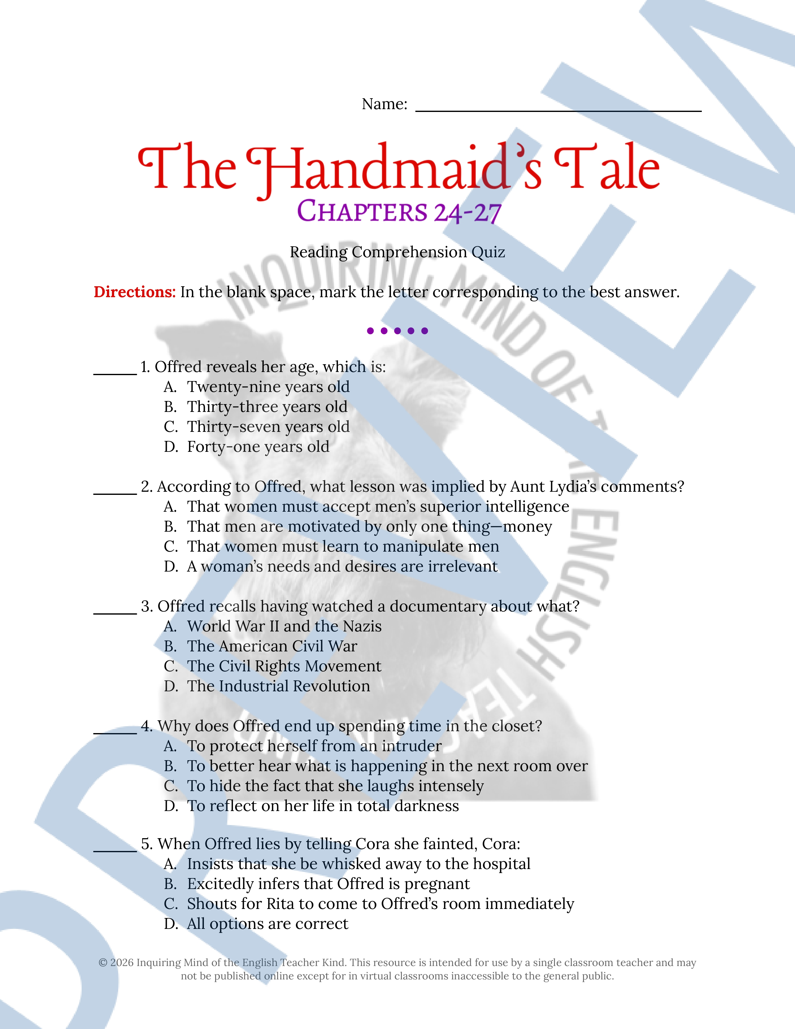 The Handmaid's Tale Chapters 24, 25, 26, and 27 Quiz and Answer Key ...