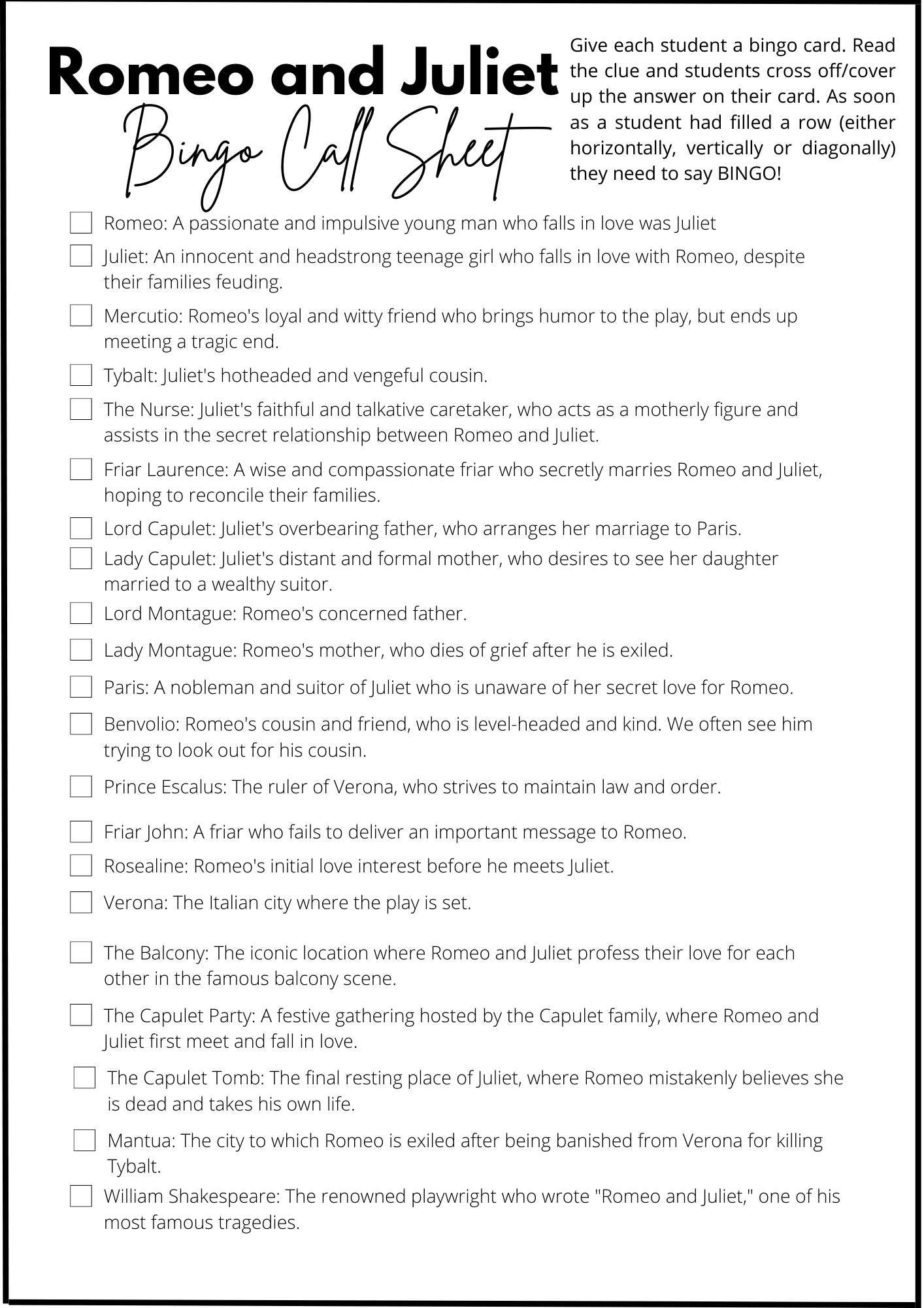 Romeo and Juliet by William Shakespeare Bingo Interactive Revision Game ...