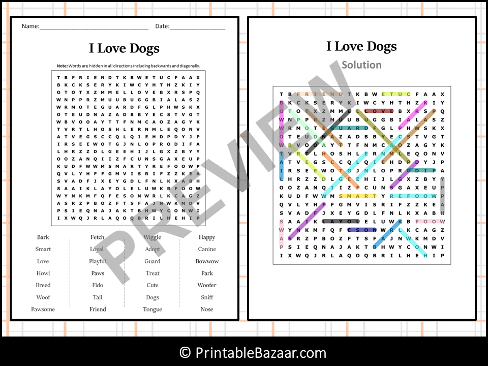 I Love Dogs Word Search Puzzle Worksheet Activity | Teaching Resources