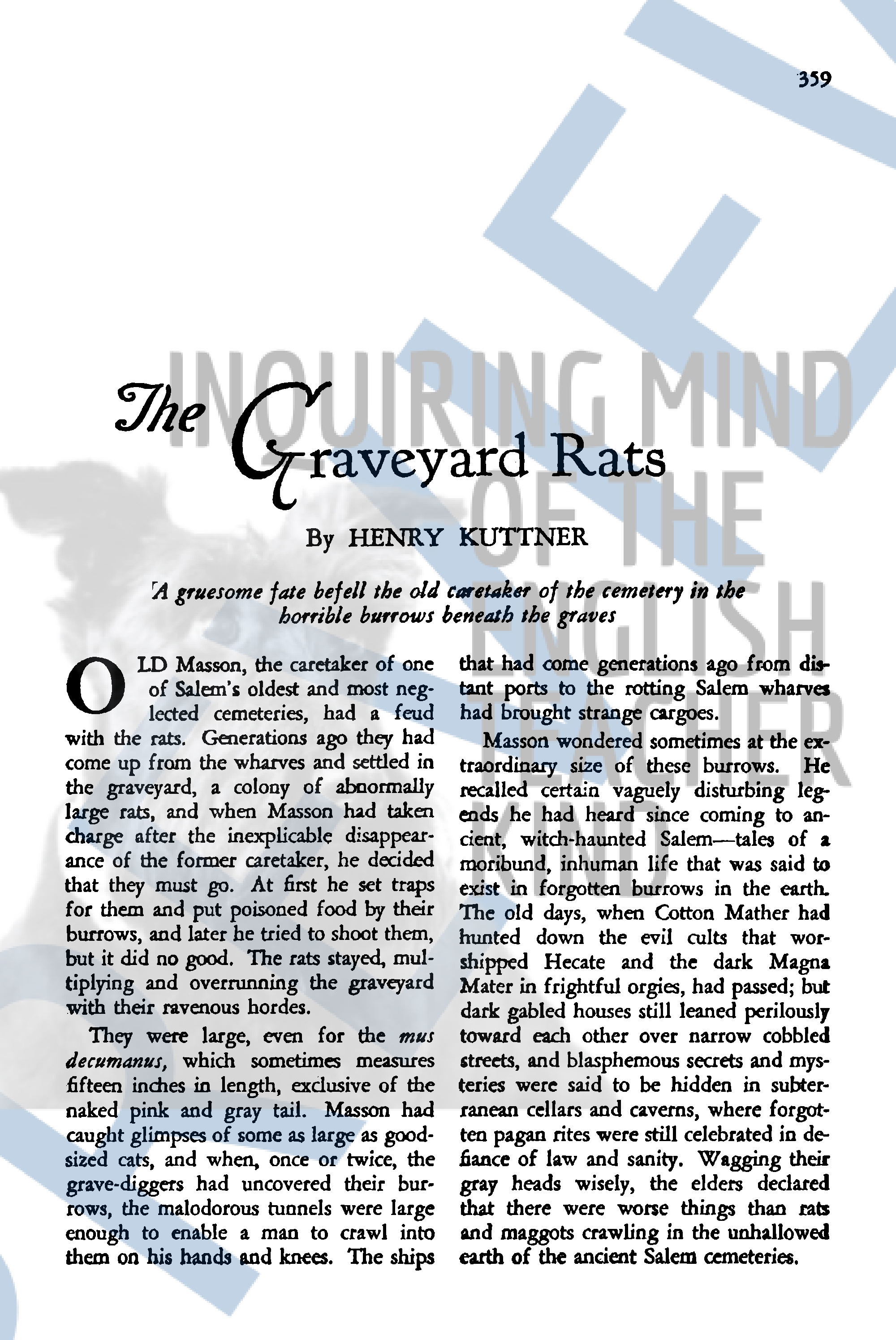 "The Graveyard Rats" by Henry Kuttner Gothic Story Analysis Worksheet ...