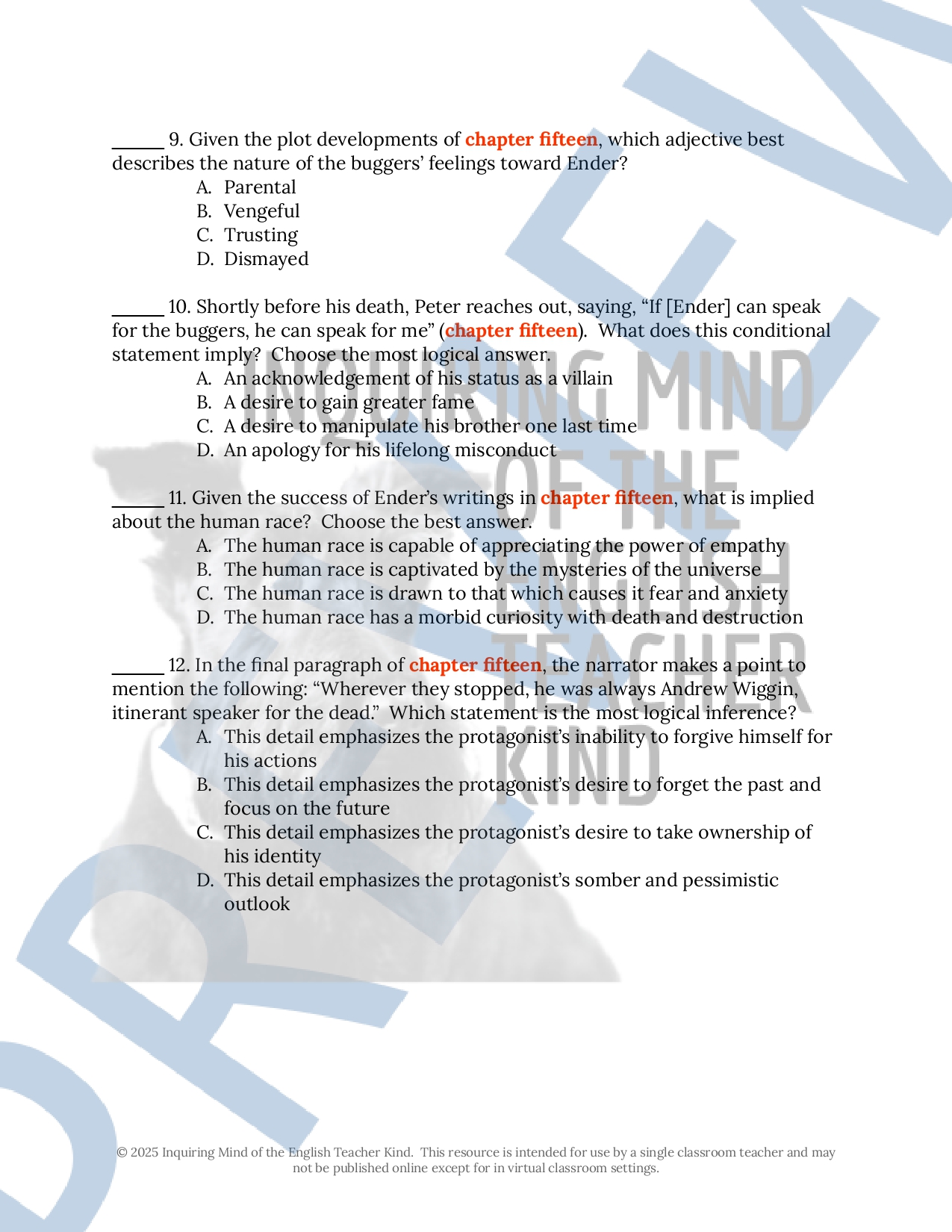 Ender's Game Chapters 14 and 15 Close Reading Analysis Worksheet ...