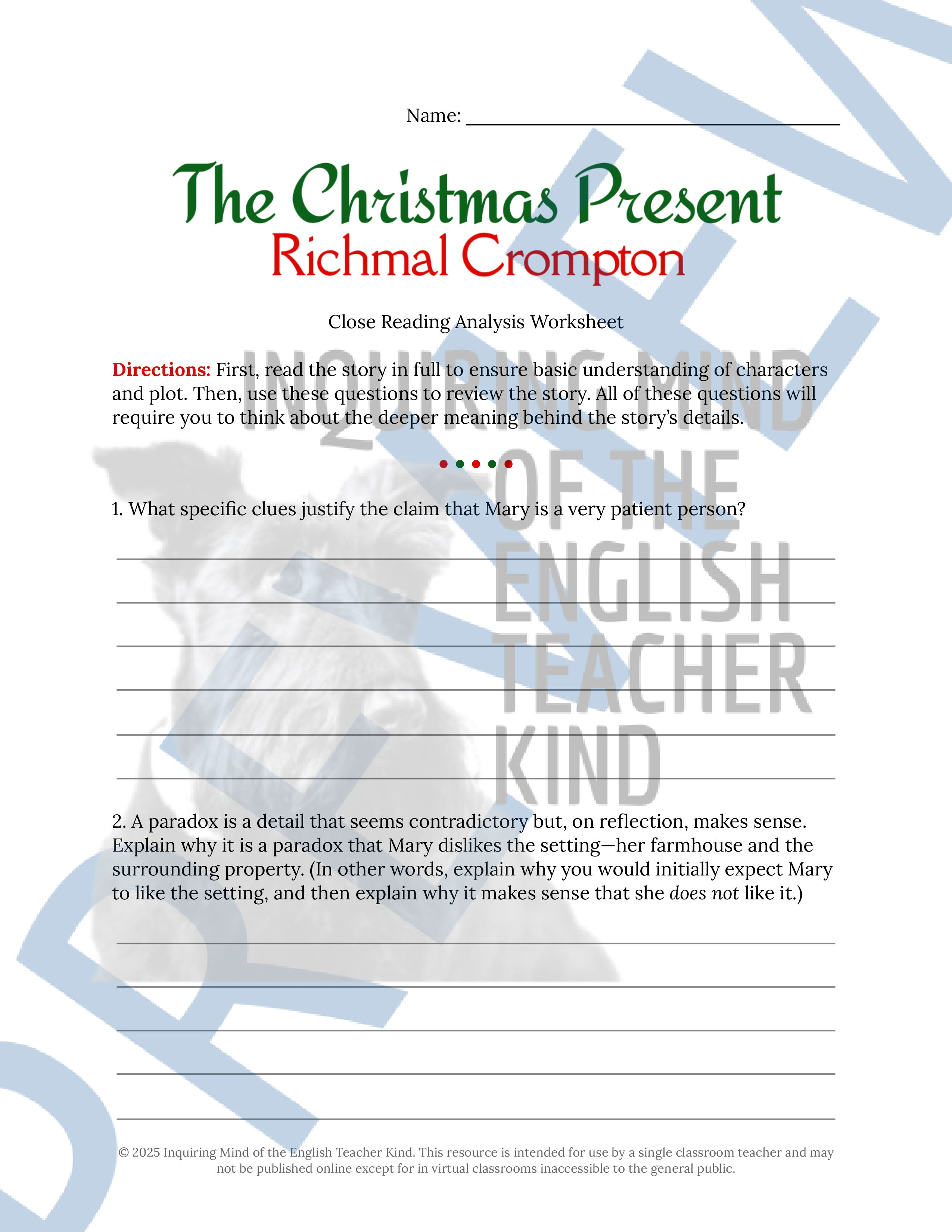 "The Christmas Present" by Richmal Crompton Literary Analysis Worksheet ...