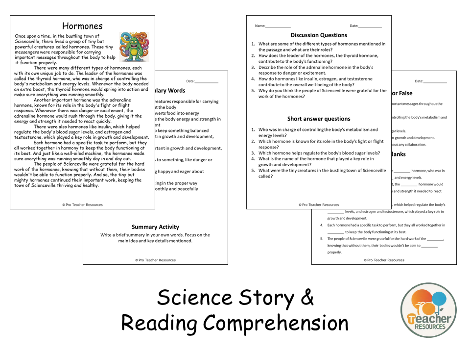 Hormones Reading Science Story Comprehension Questions Worksheet ...