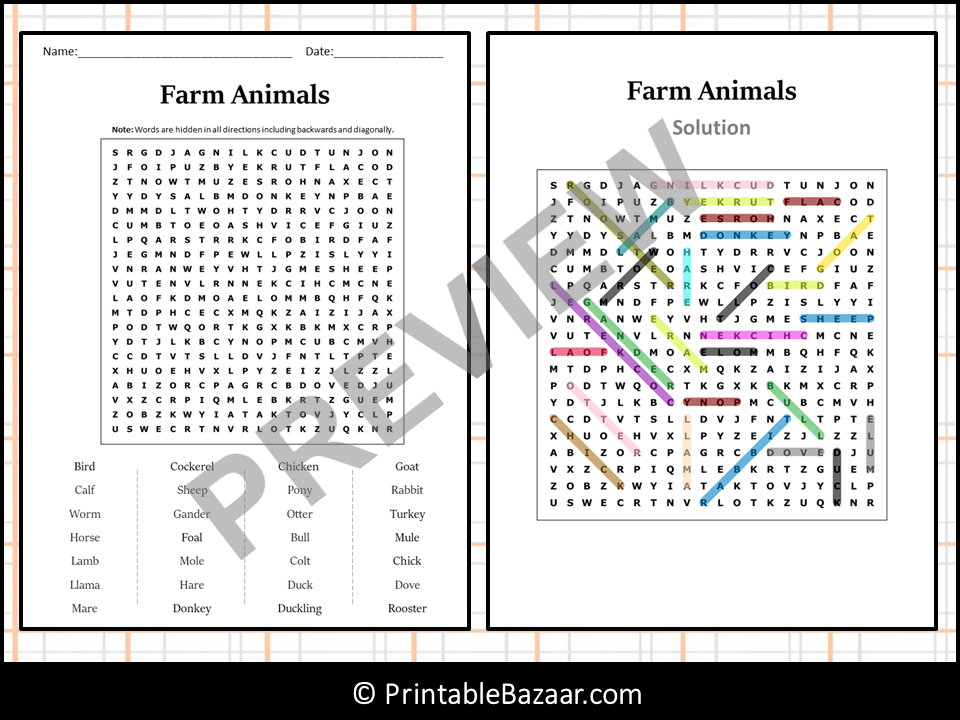Farm Animals Word Search Puzzle Worksheet Activity | Teaching Resources