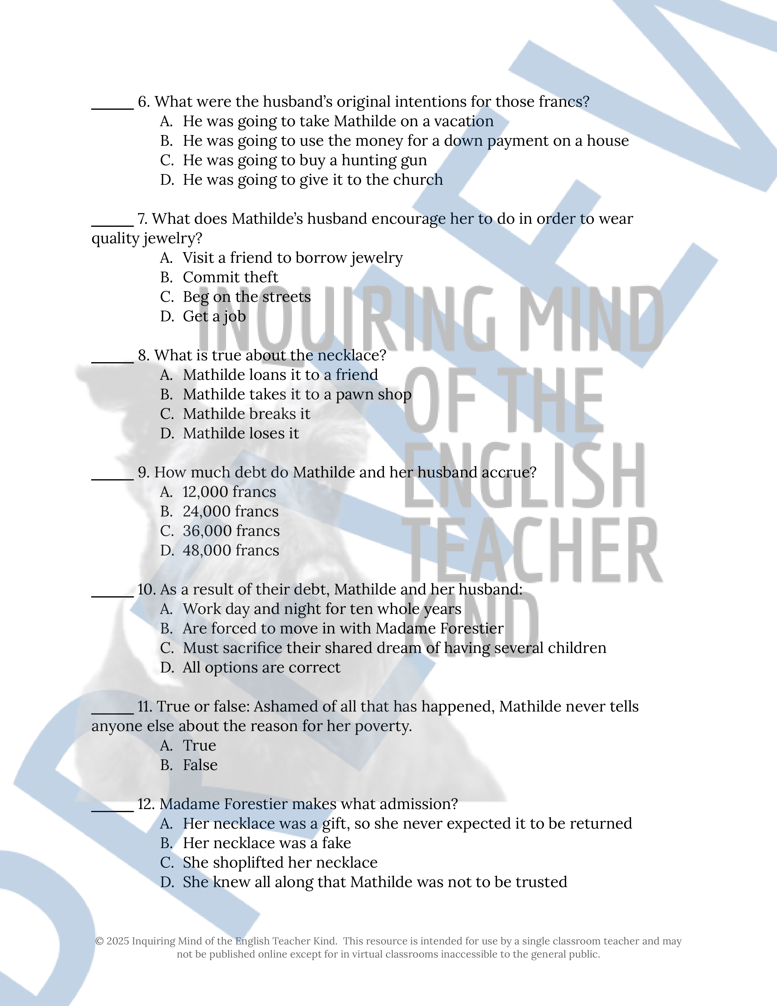 "The Necklace" by Guy de Maupassant Quiz and Answer Key | Teaching ...