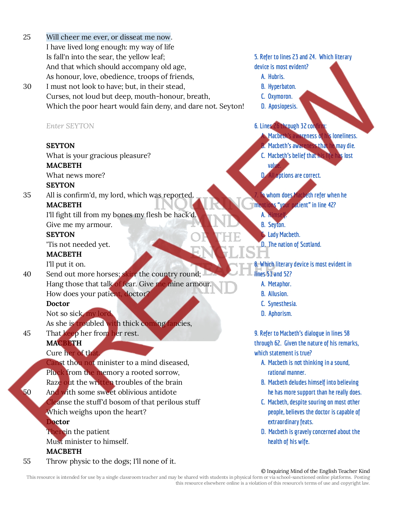 Macbeth Act 5 Scene 3 Close Reading Worksheet | Teaching Resources