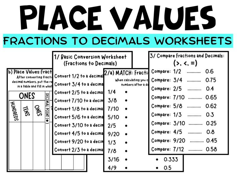 Place Value Fractions to Decimals Worksheets | Conversion & Practice ...